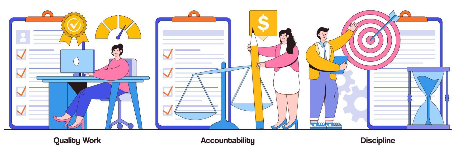 Quality work, accountability, discipline concept with people character ...