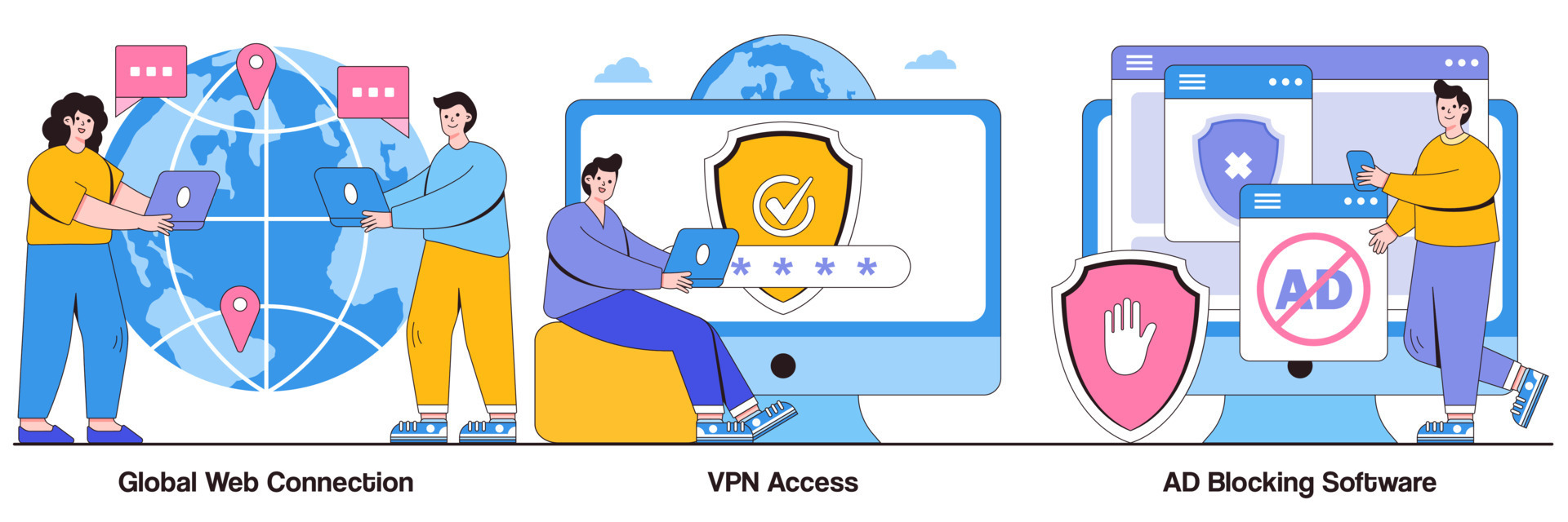 Global Web Connection Vpn Access Ad Blocking Software Concept With Tiny People Network Access