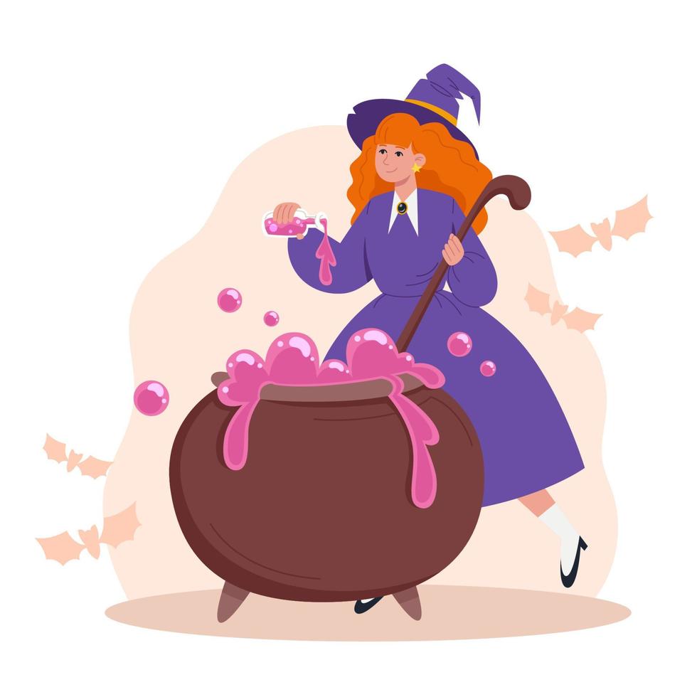 Witch brews a magic potion in a cauldron for Halloween 10194871 Vector ...