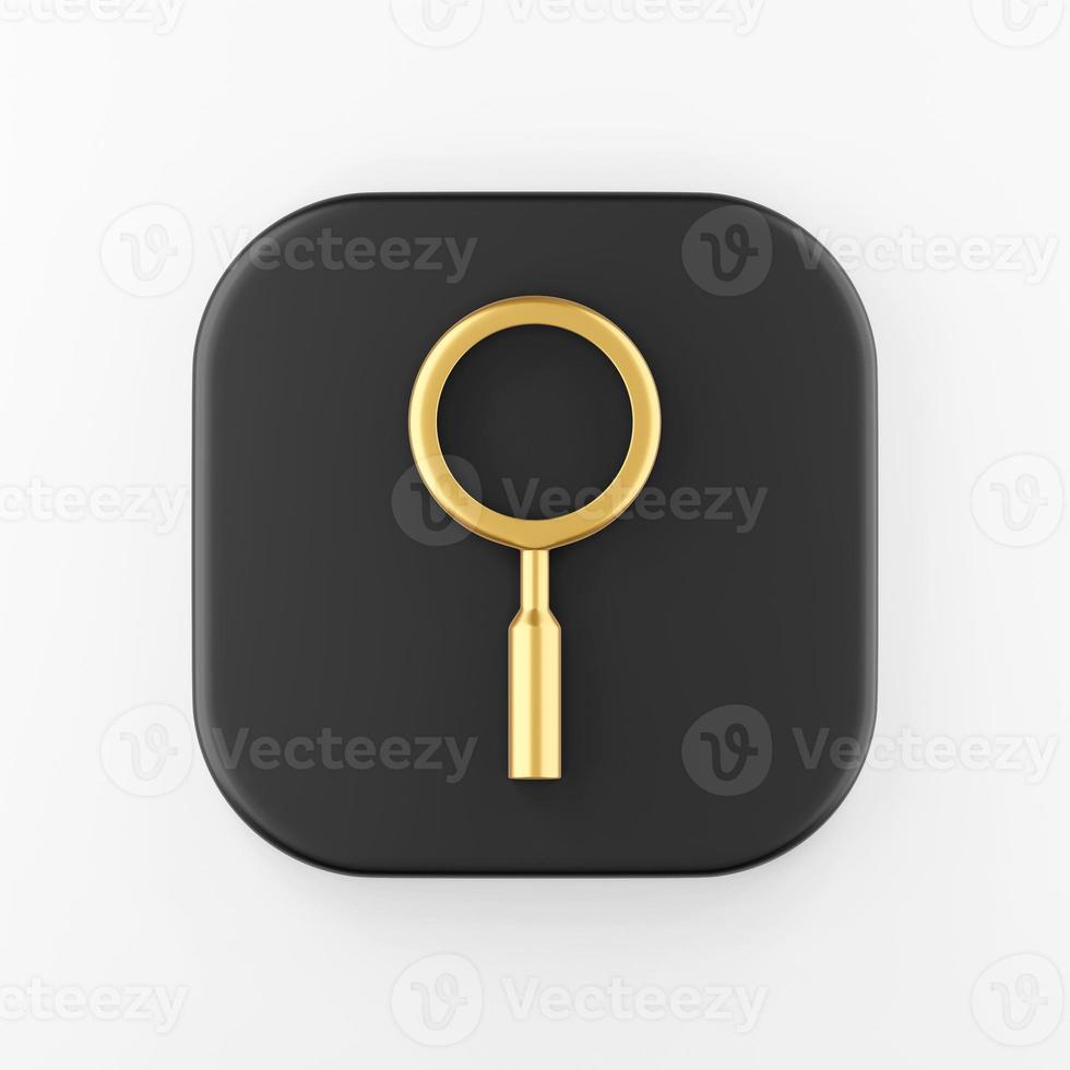 Minimalistic golden magnifier icon. 3d rendering black square key button, interface ui ux ...