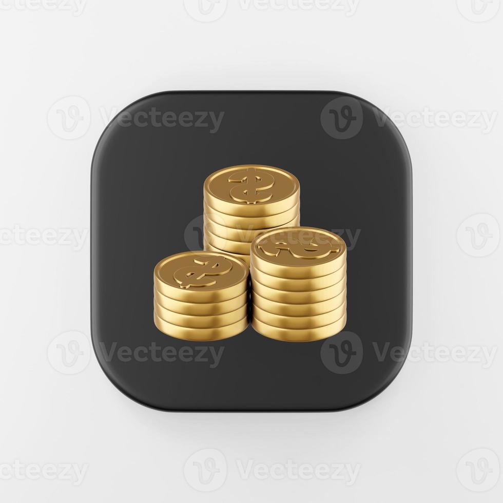 Gold folded coins icon in cartoon style. 3d rendering black square button key, interface ui ux ...