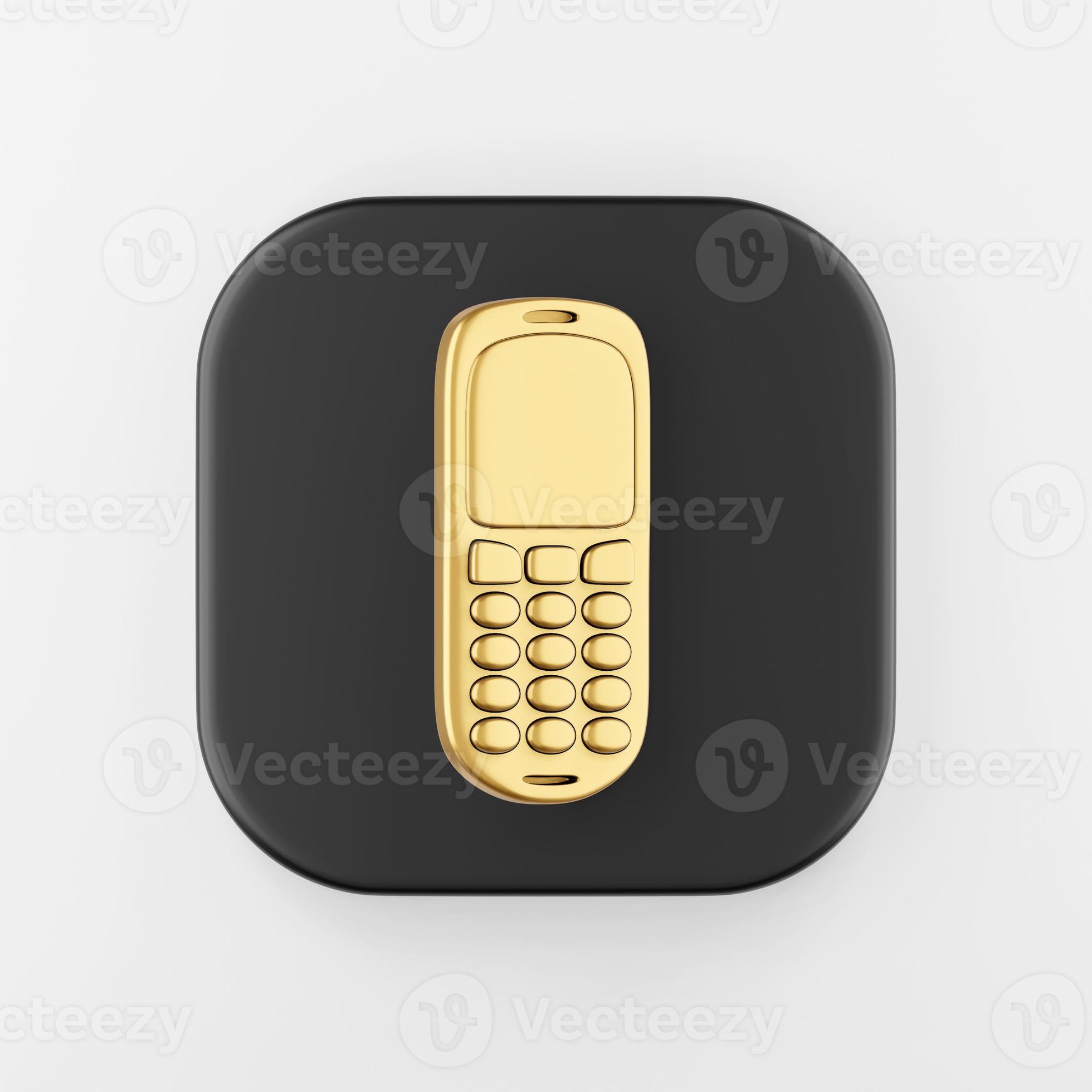 Golden mobile phone icon. 3d rendering black square key button, interface ui ux element ...