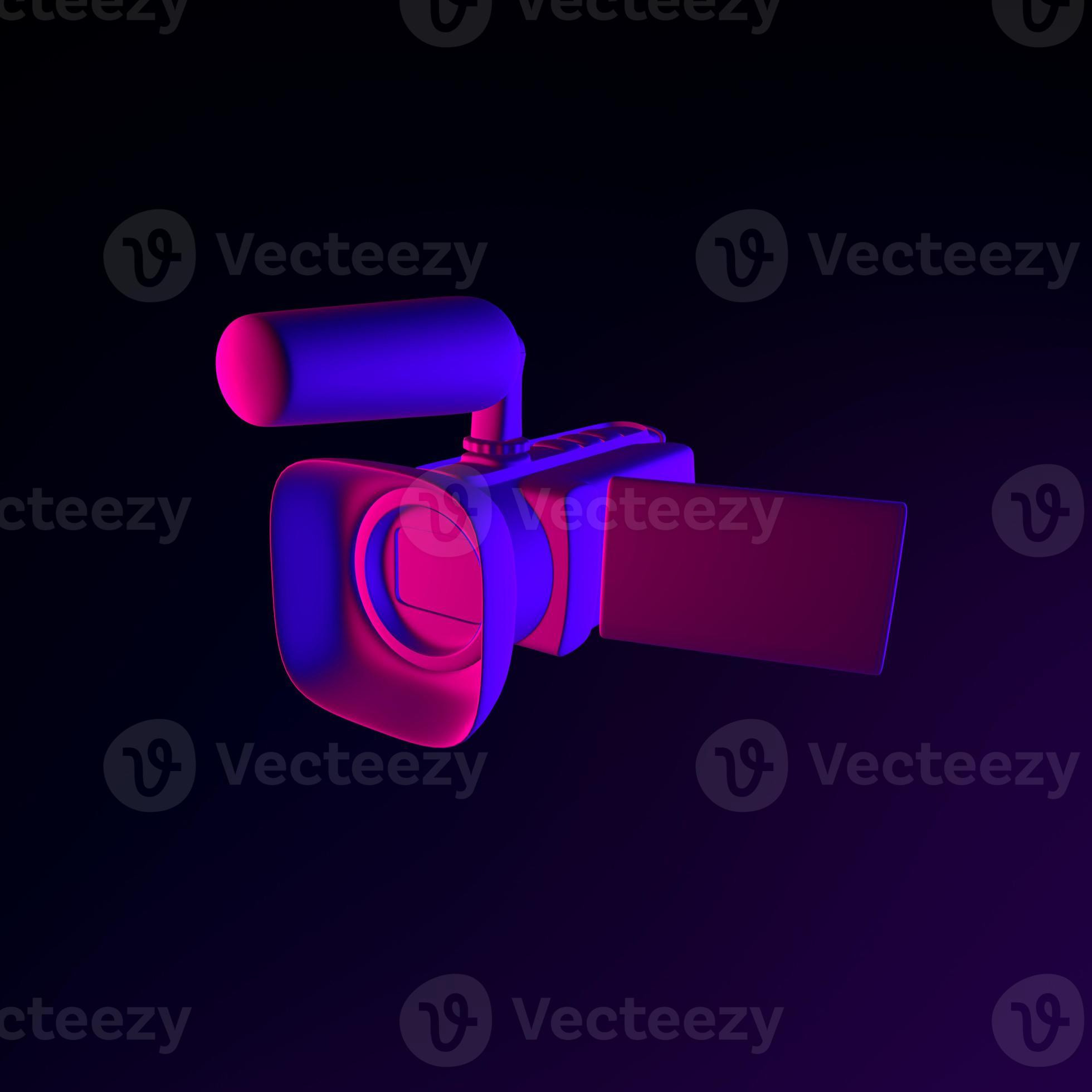 Neon digital video camera icon. 3d rendering ui ux interface element. Dark glowing symbol ...