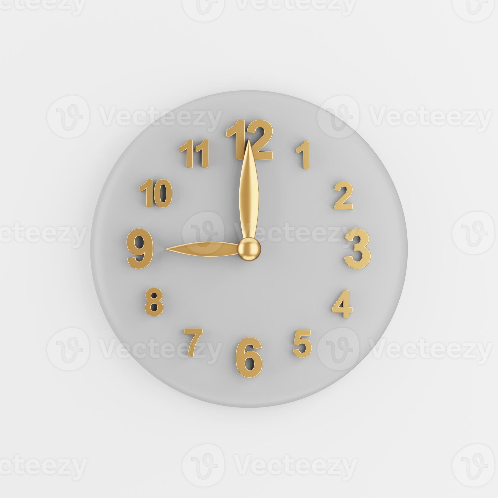 Gold modern wall clock icon. 3d rendering gray round key button, interface ui ux element ...