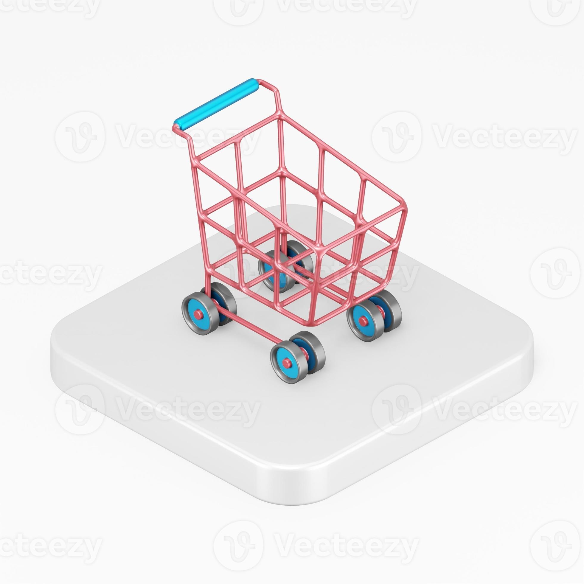 Red shopping cart icon on wheels. 3d rendering square button key isometric view, interface ui ux ...
