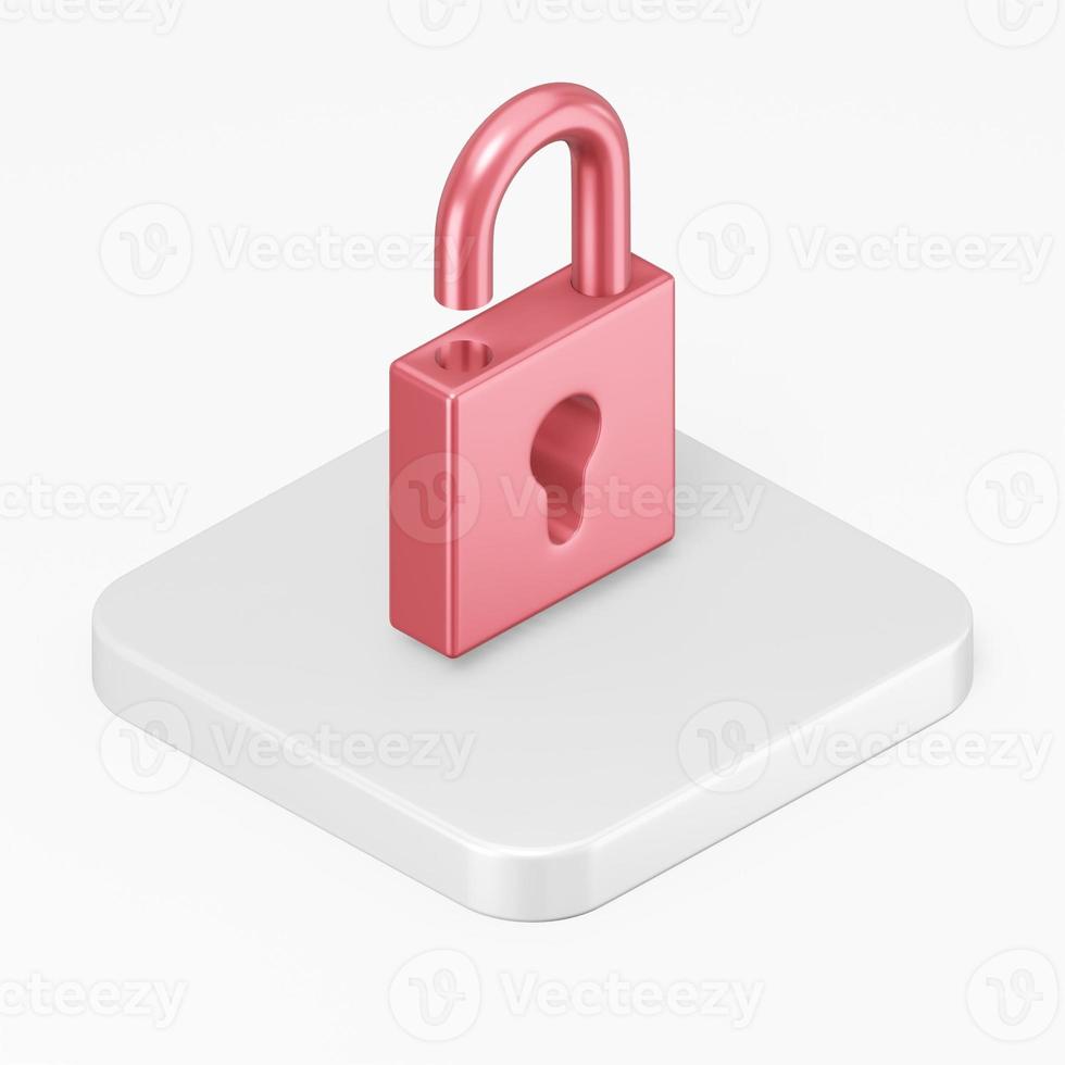 Open red padlock icon. 3d rendering square button key isometric view, interface ui ux element ...