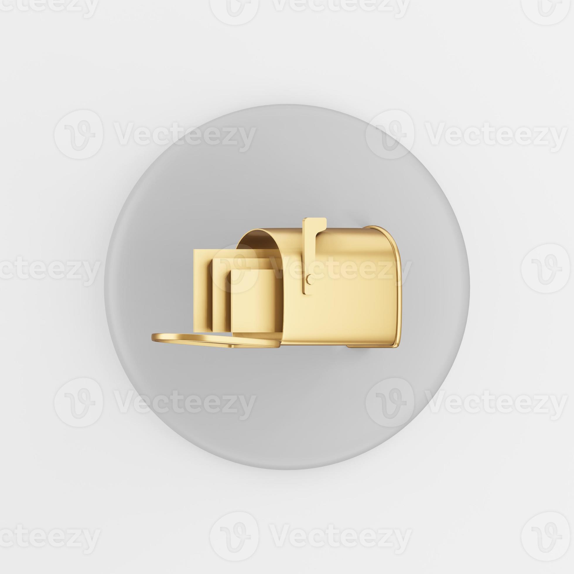 Gold mailbox icon in cartoon style. 3d rendering gray round button key, interface ui ux element ...