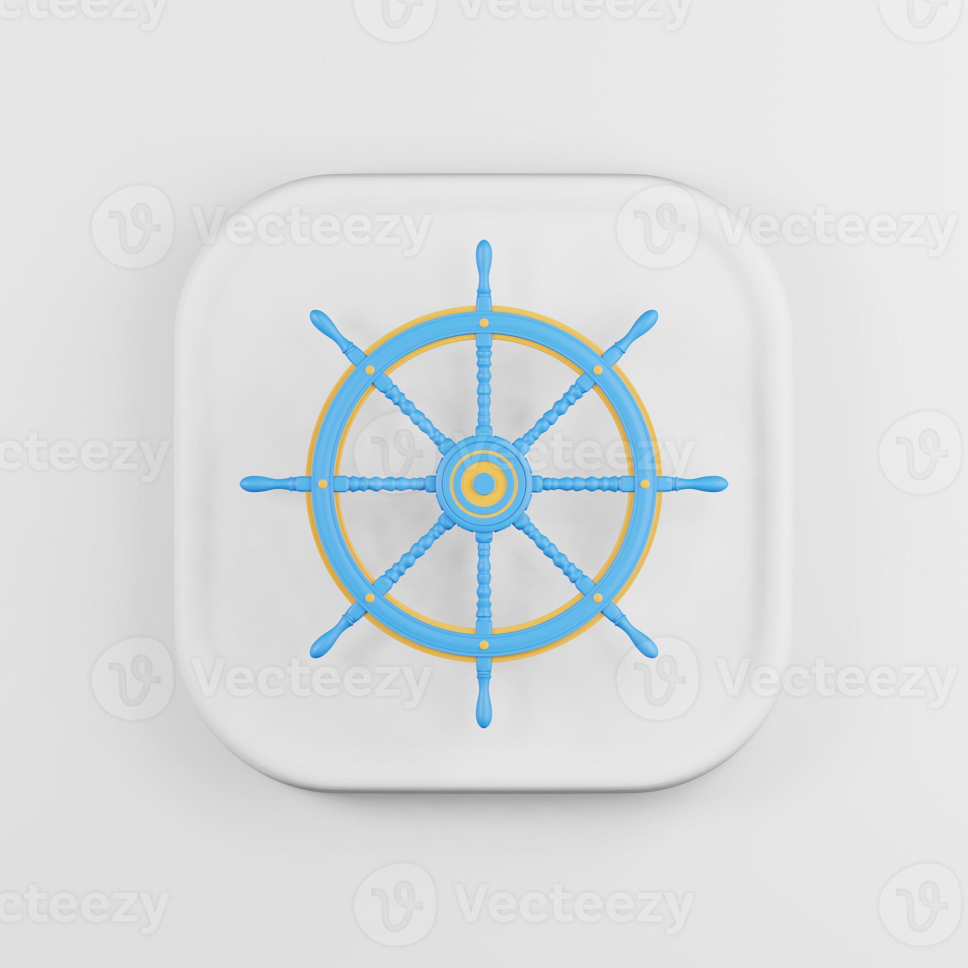 Blue steering wheel icon. 3d rendering white square button key, interface ui ux element ...