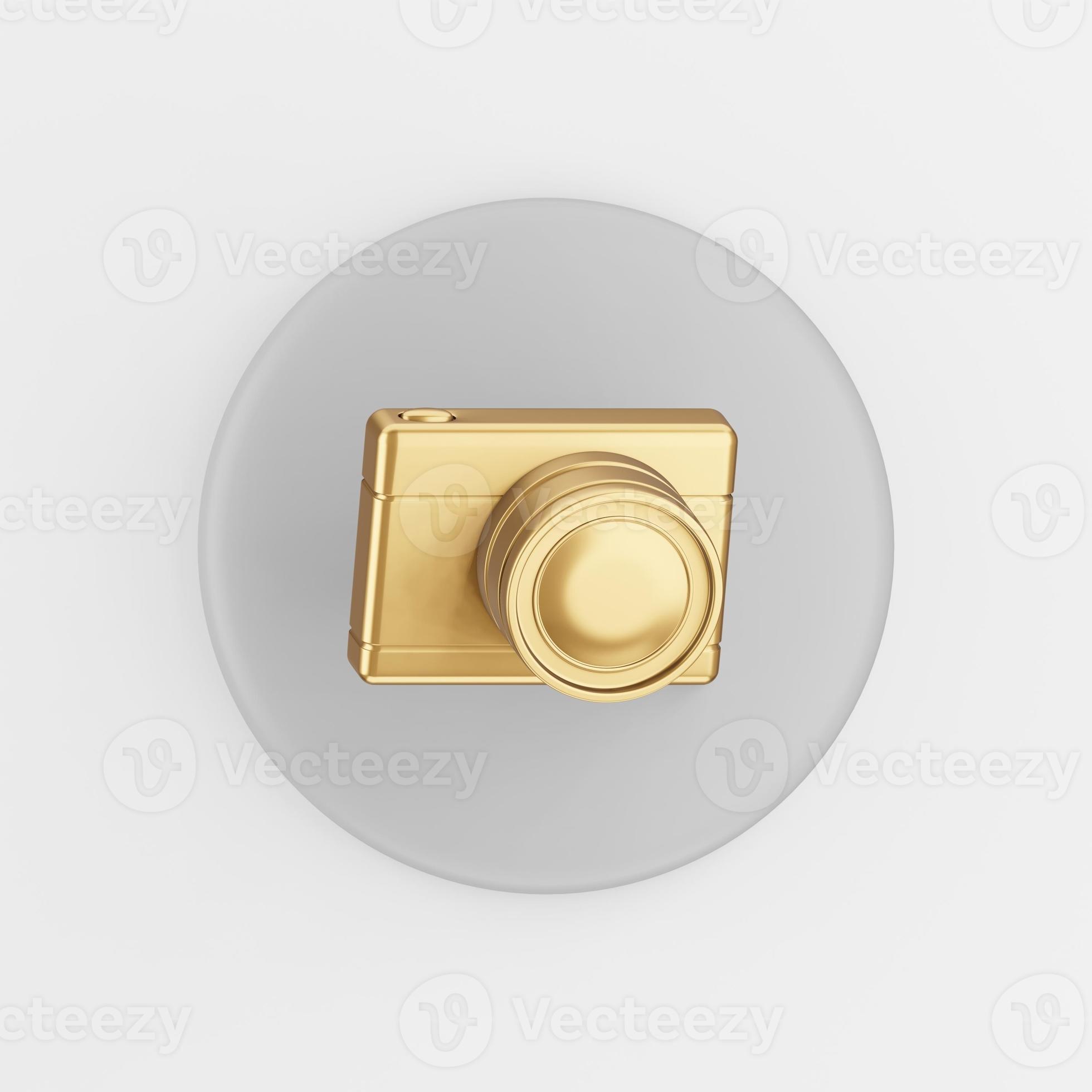 Gold digital photo camera icon. 3d rendering gray round key button, interface ui ux element ...