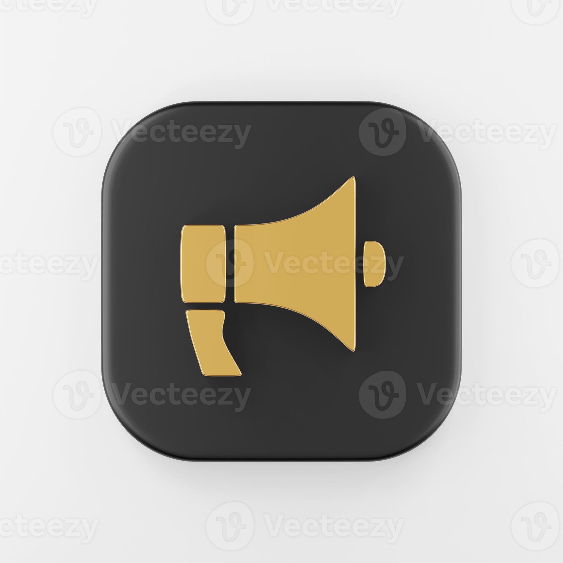 Golden megaphone icon in flat style. 3d rendering black square key button, interface ui ux ...