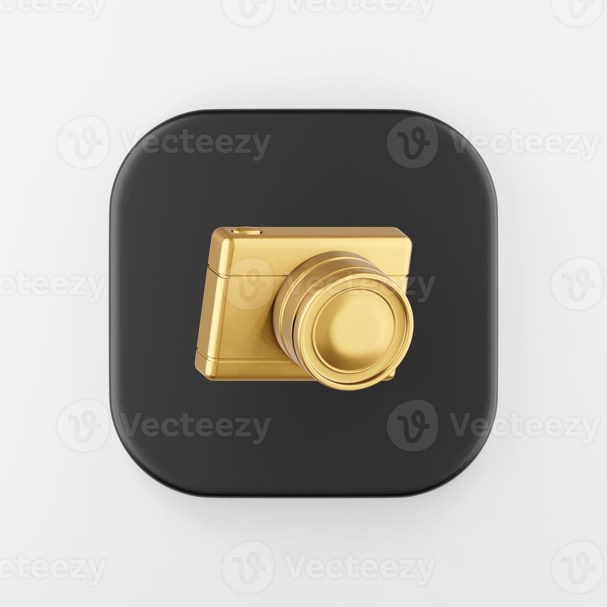 Gold digital photo camera icon. 3d rendering black square button key, interface ui ux element ...