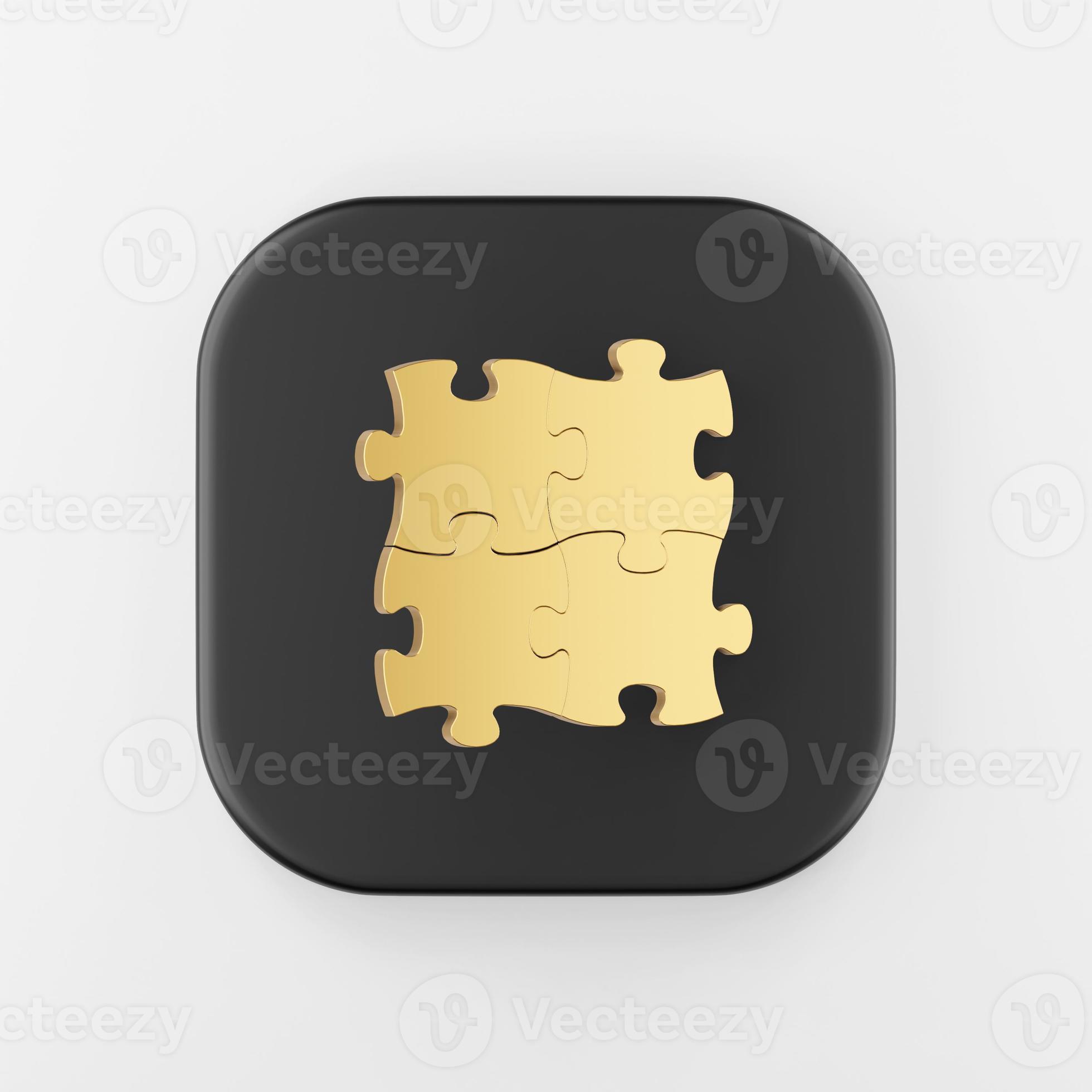 Gold fastened puzzles icon. 3d rendering black square button key, interface ui ux element ...
