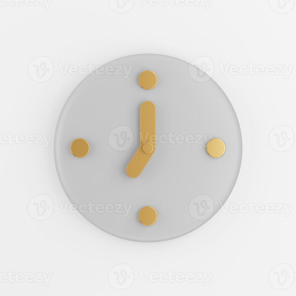 Wall clock icon with gold arrows. 3d rendering gray round key button, interface ui ux element ...