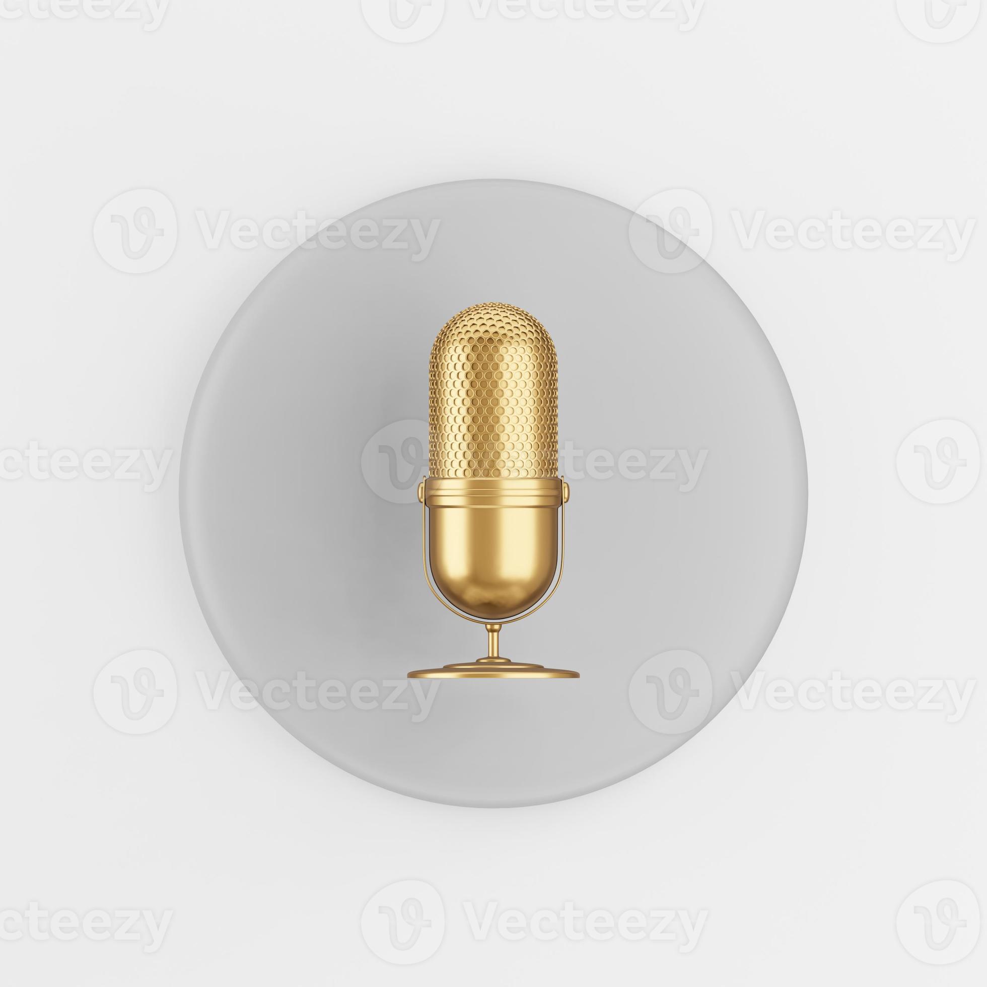 Golden vintage microphone icon. 3d rendering gray round button key, interface ui ux element ...