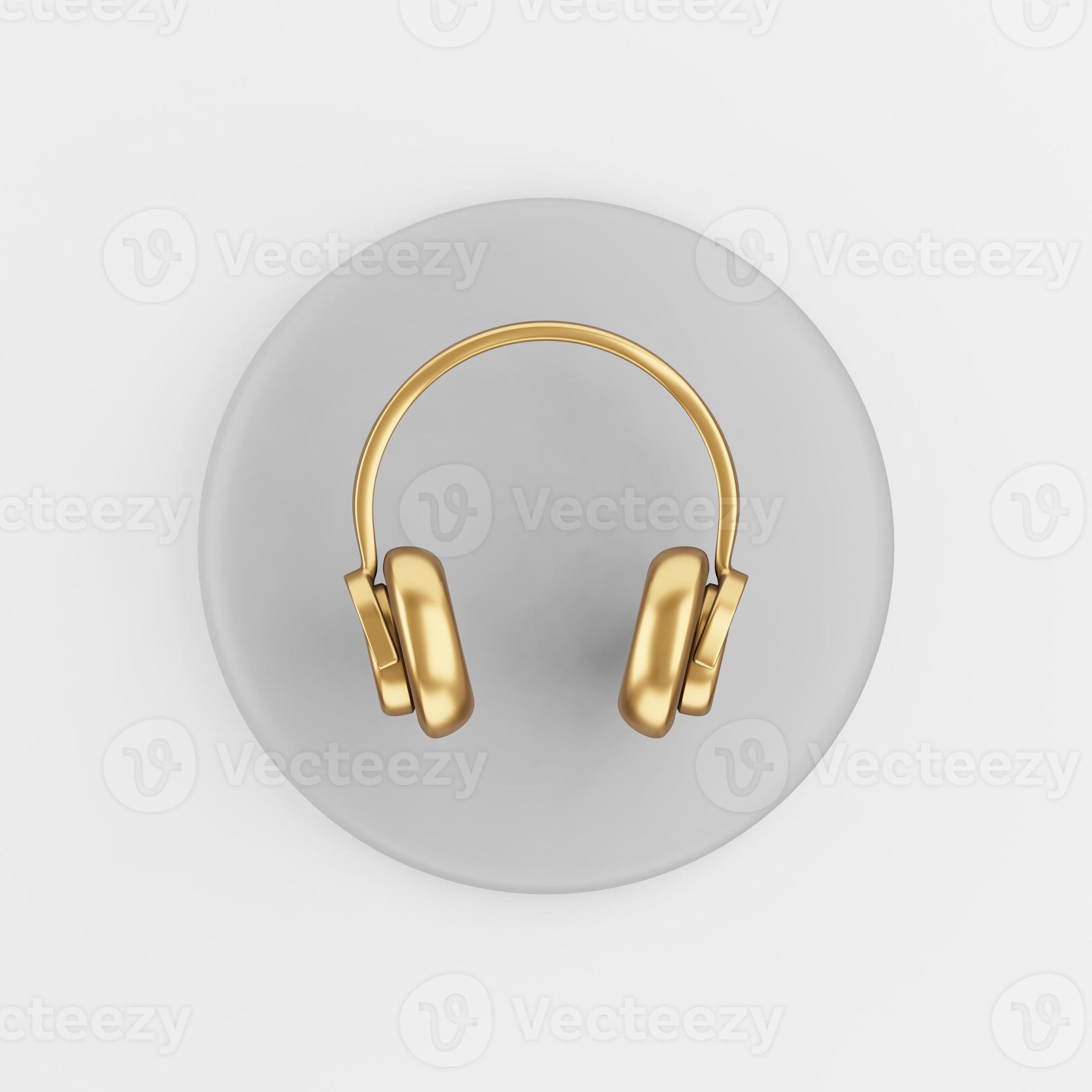 Gold headphones icon in cartoon style. 3d rendering gray round button key, interface ui ux ...
