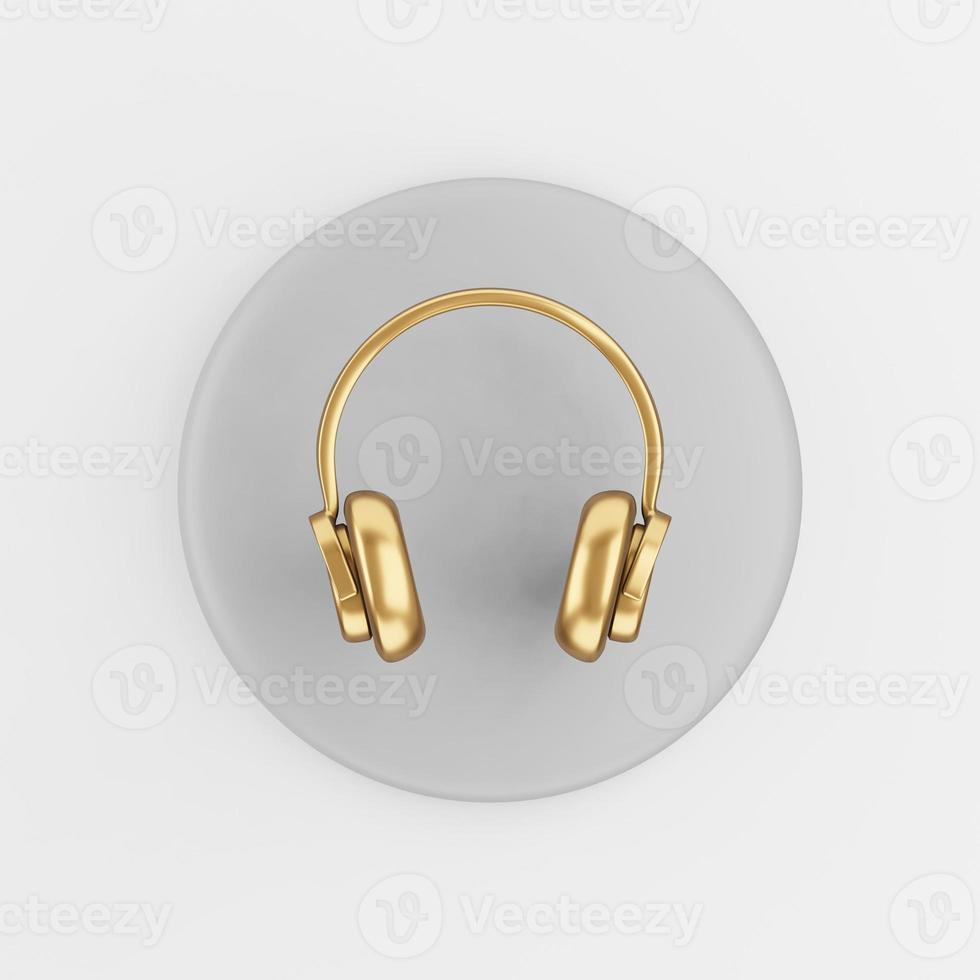 Gold headphones icon in cartoon style. 3d rendering gray round button key, interface ui ux ...