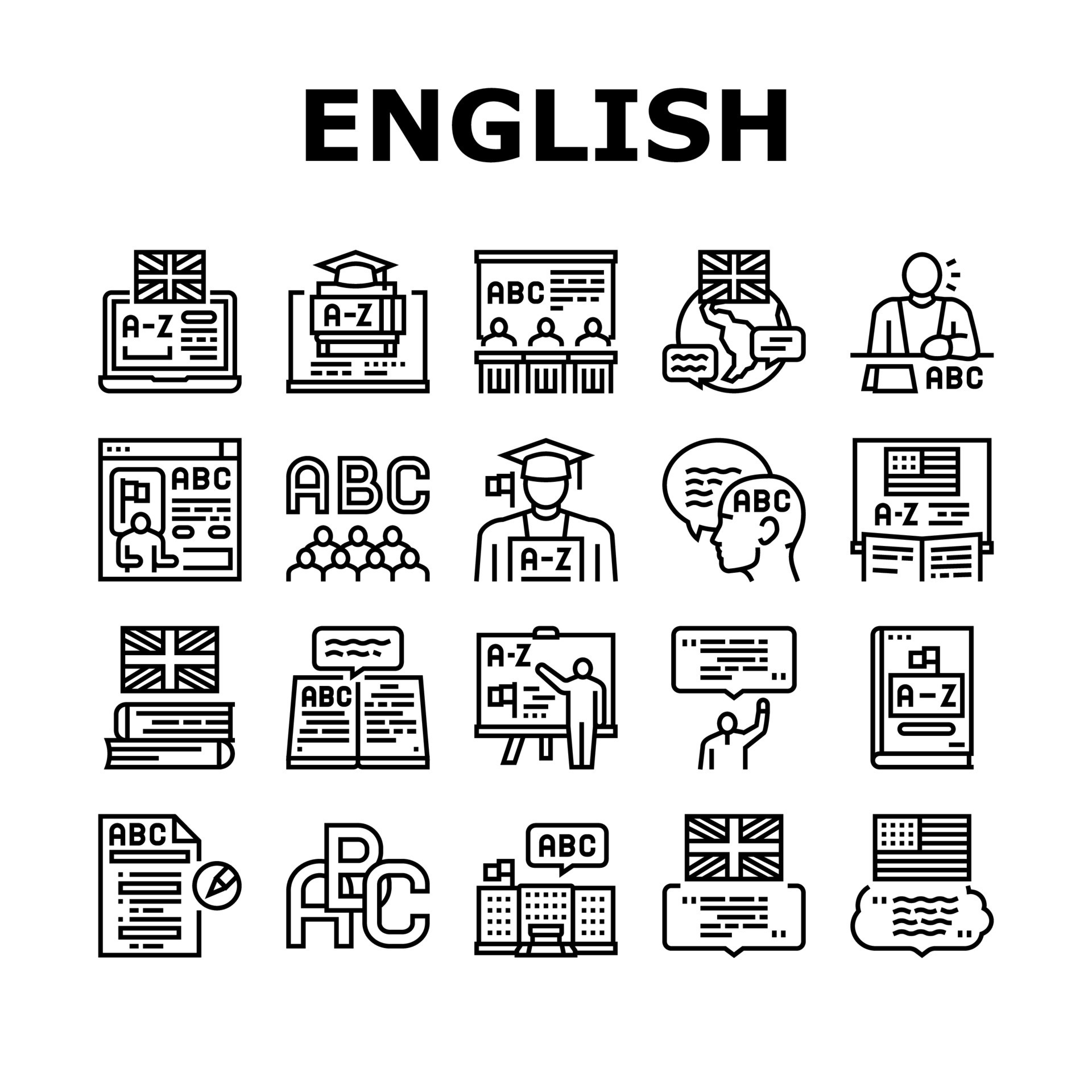 English Language Learn At School Icons Set Vector 10221169 Vector Art ...