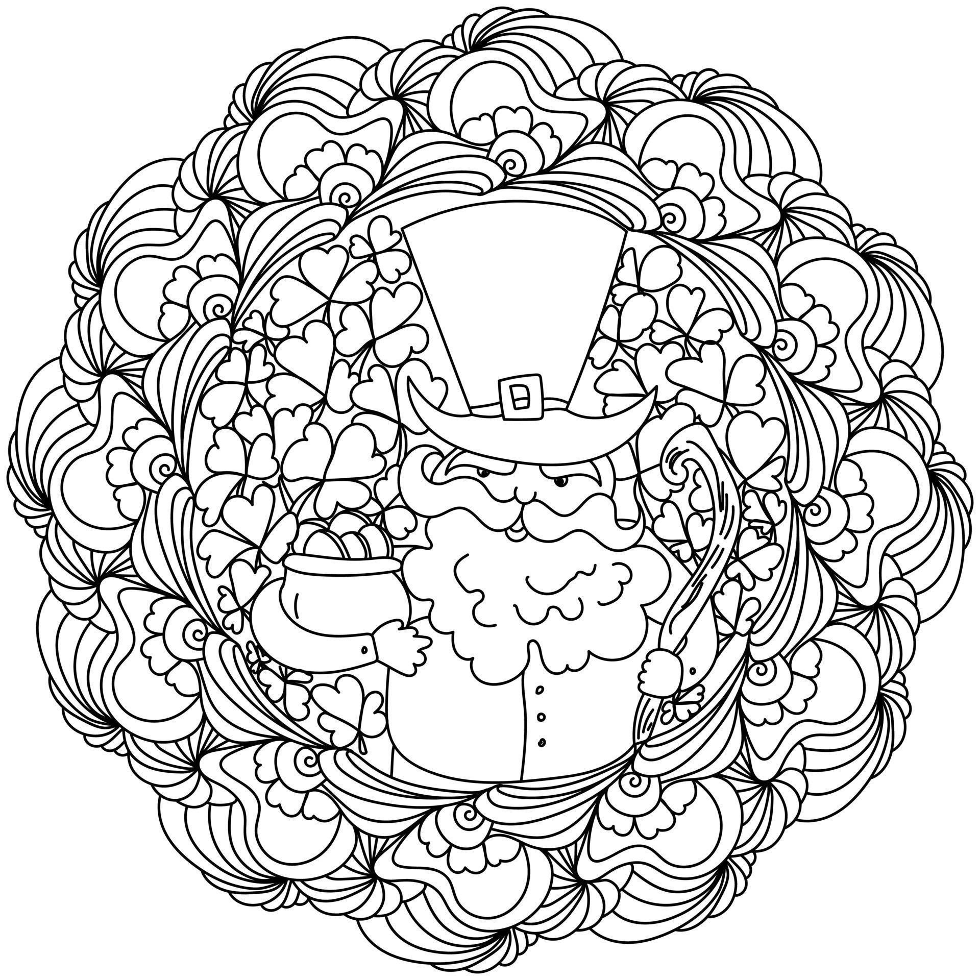 Mandala with leprechaun coloring page with patterns and clover for st ...