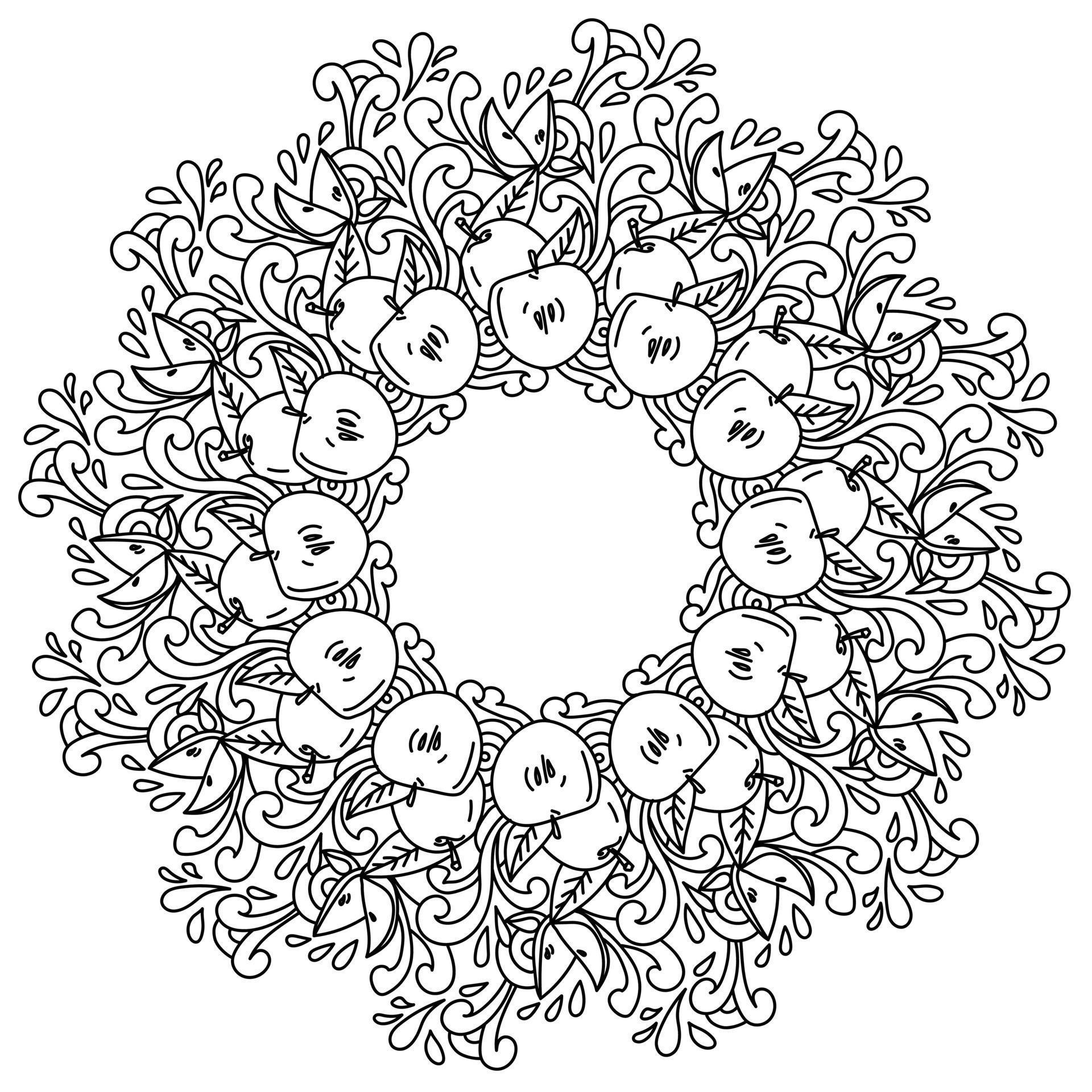 Doodle mandala with fruits and abstract patterns, apple whole and half ...