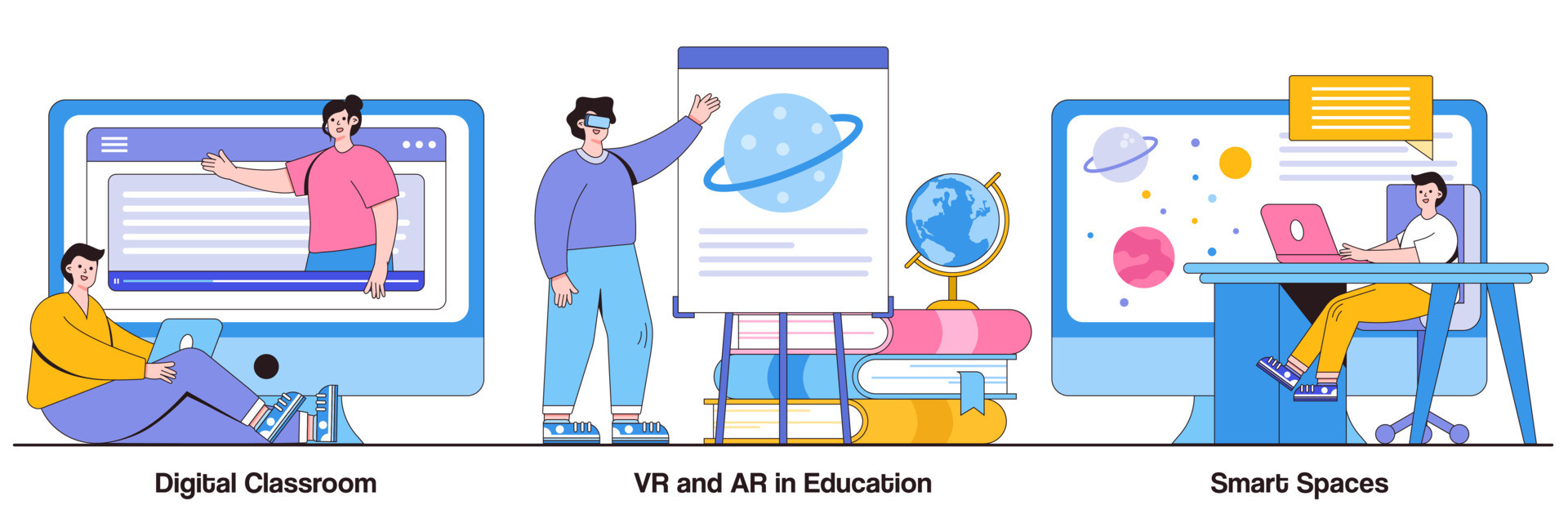 Digital classroom, VR and AR in education, smart spaces concept with ...