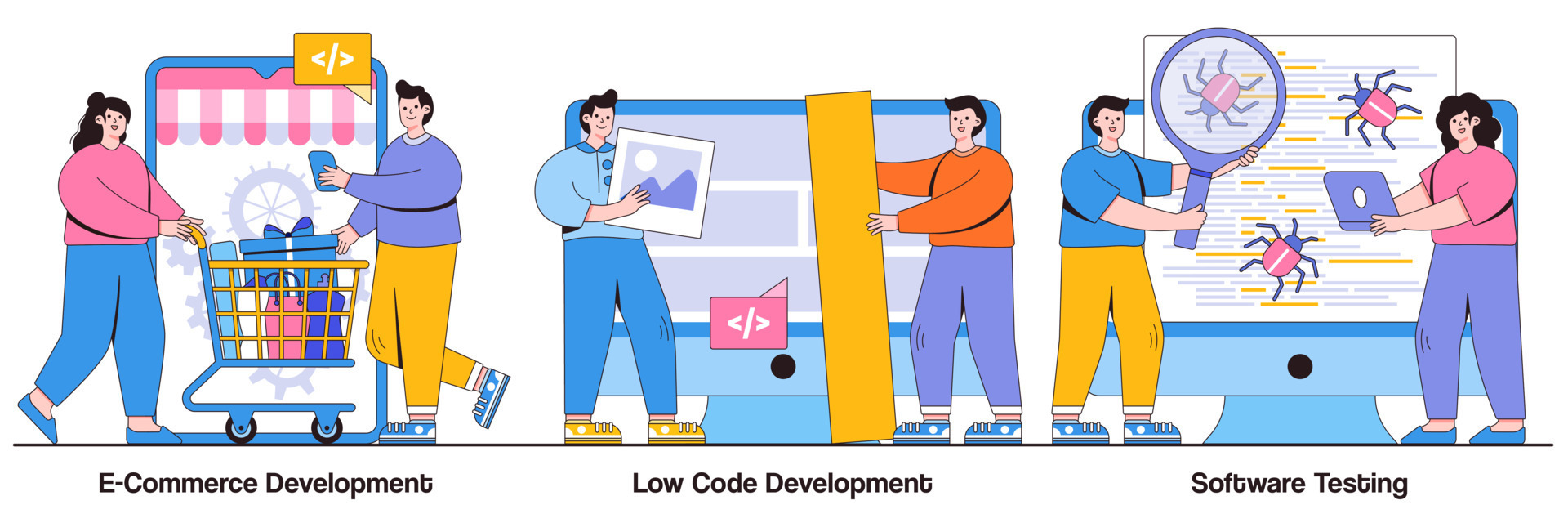 E Commerce Development Low Code Development It Software Testing Concept With Tiny People