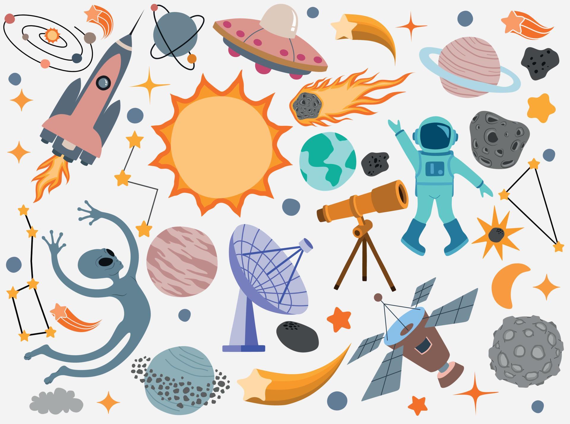 Space universe colored isolated icon set elements of outer space on ...