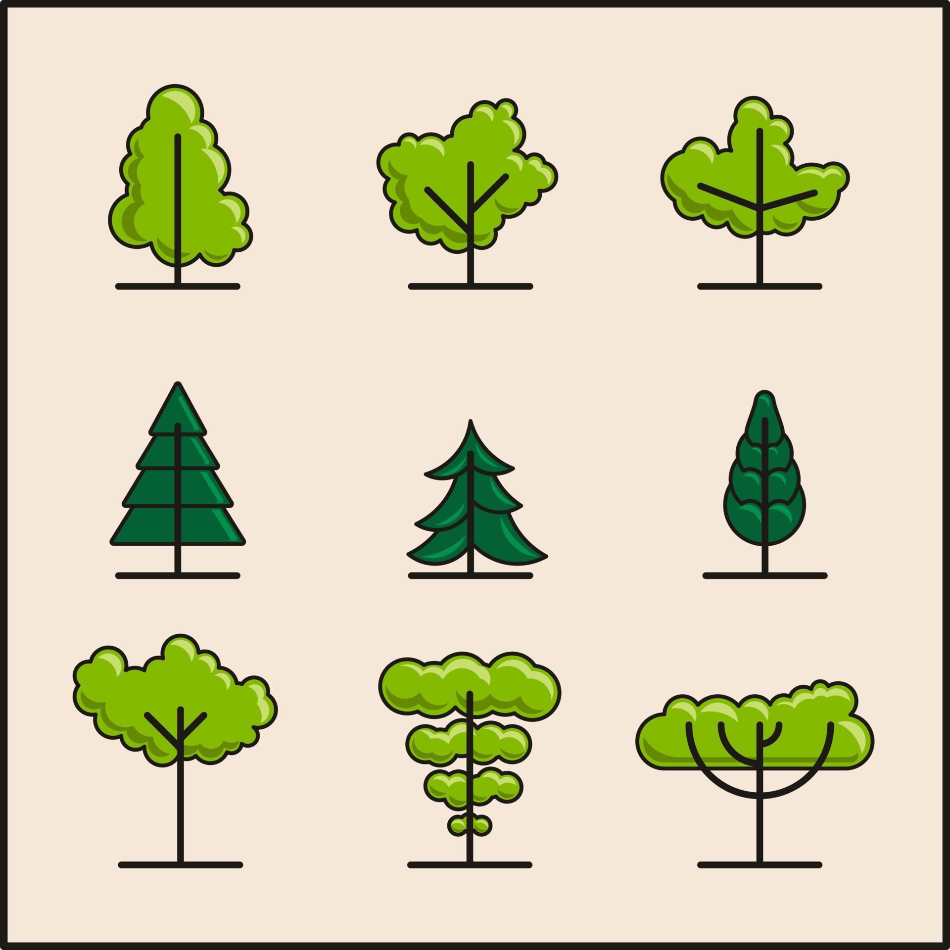 Set of linear trees icons. Forest, park, and garden tree linear signs ...