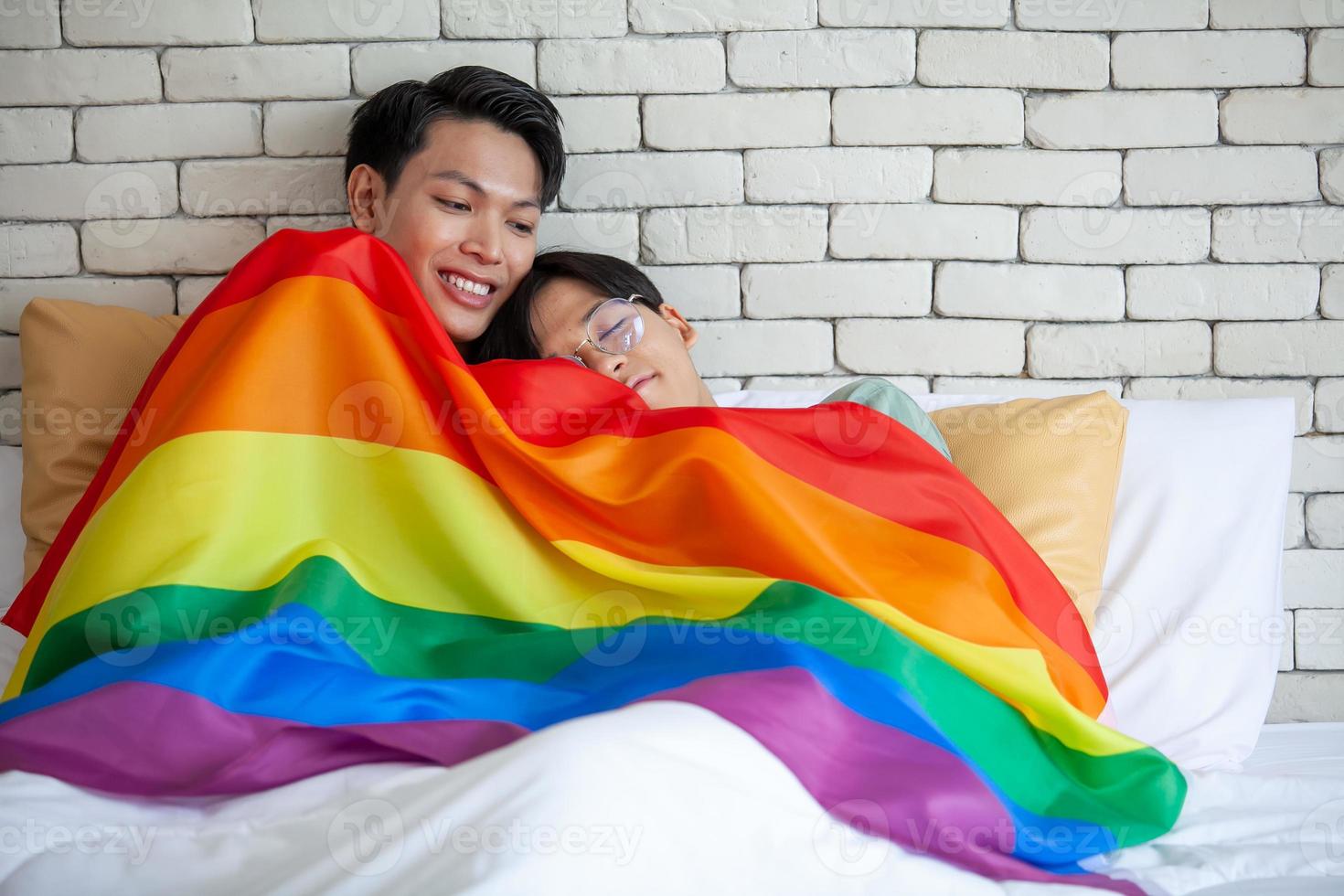 Happy Asian Gay Couple Talking Together And Relaxing At Home On Bed Lgbtq Concept 10279714