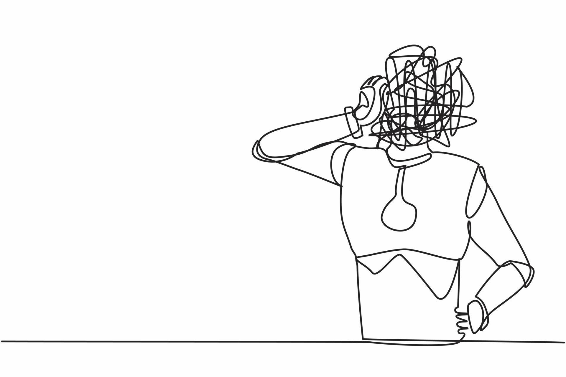 Single continuous line drawing robot with round scribbles instead of head. Doubting robot ...