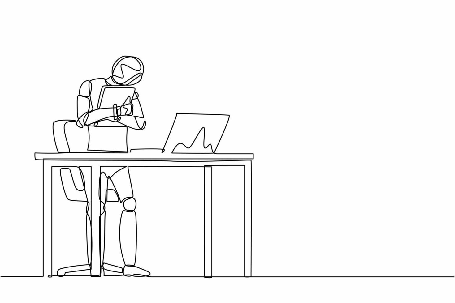Continuous one line drawing robot standing and hugging laptop at office ...