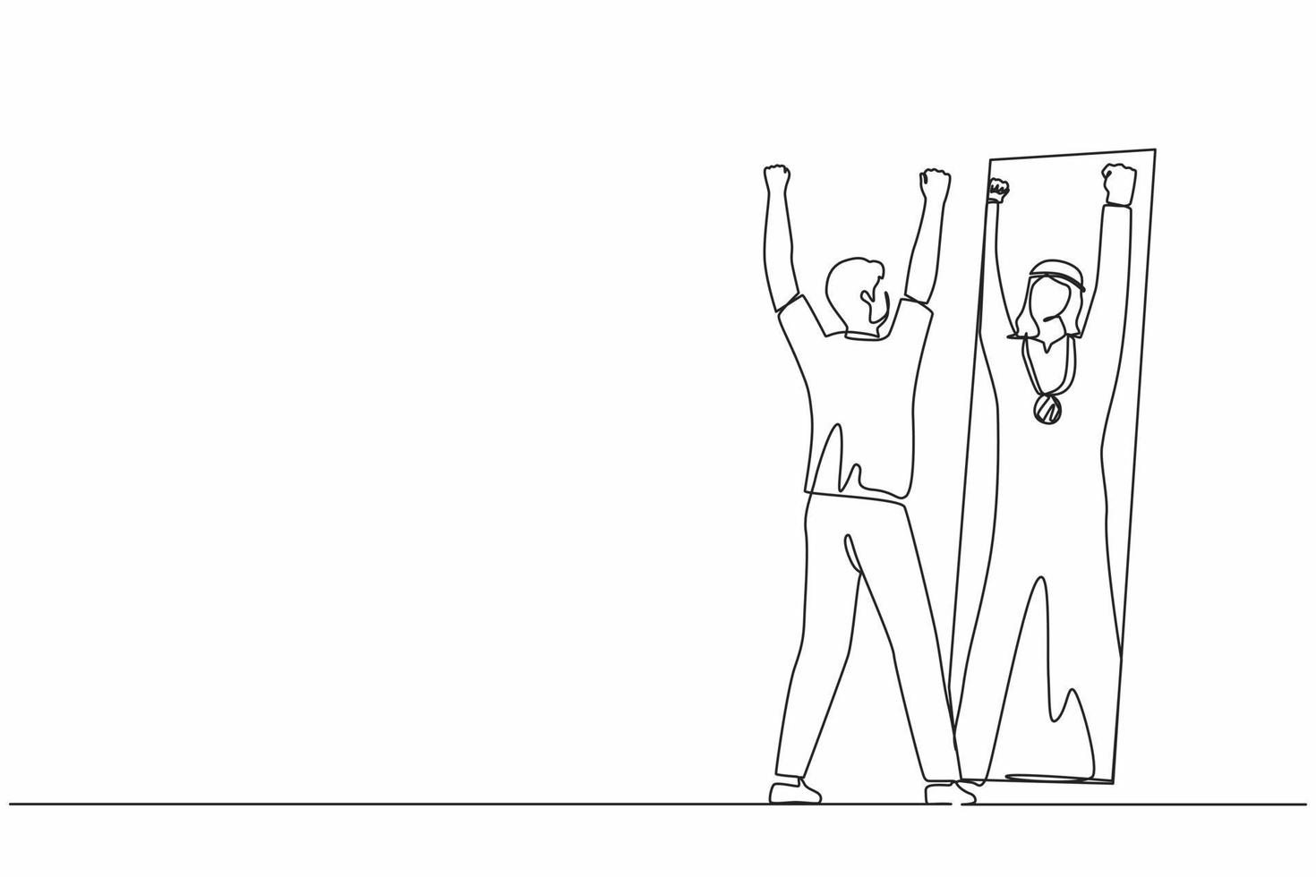 Single One Line Drawing Narcissistic Arab Businessman Looking At Mirror