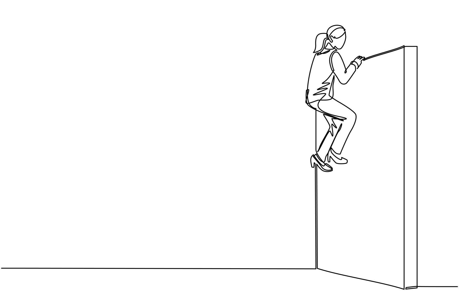 Continuous one line drawing businesswoman overcame wall obstacles that ...