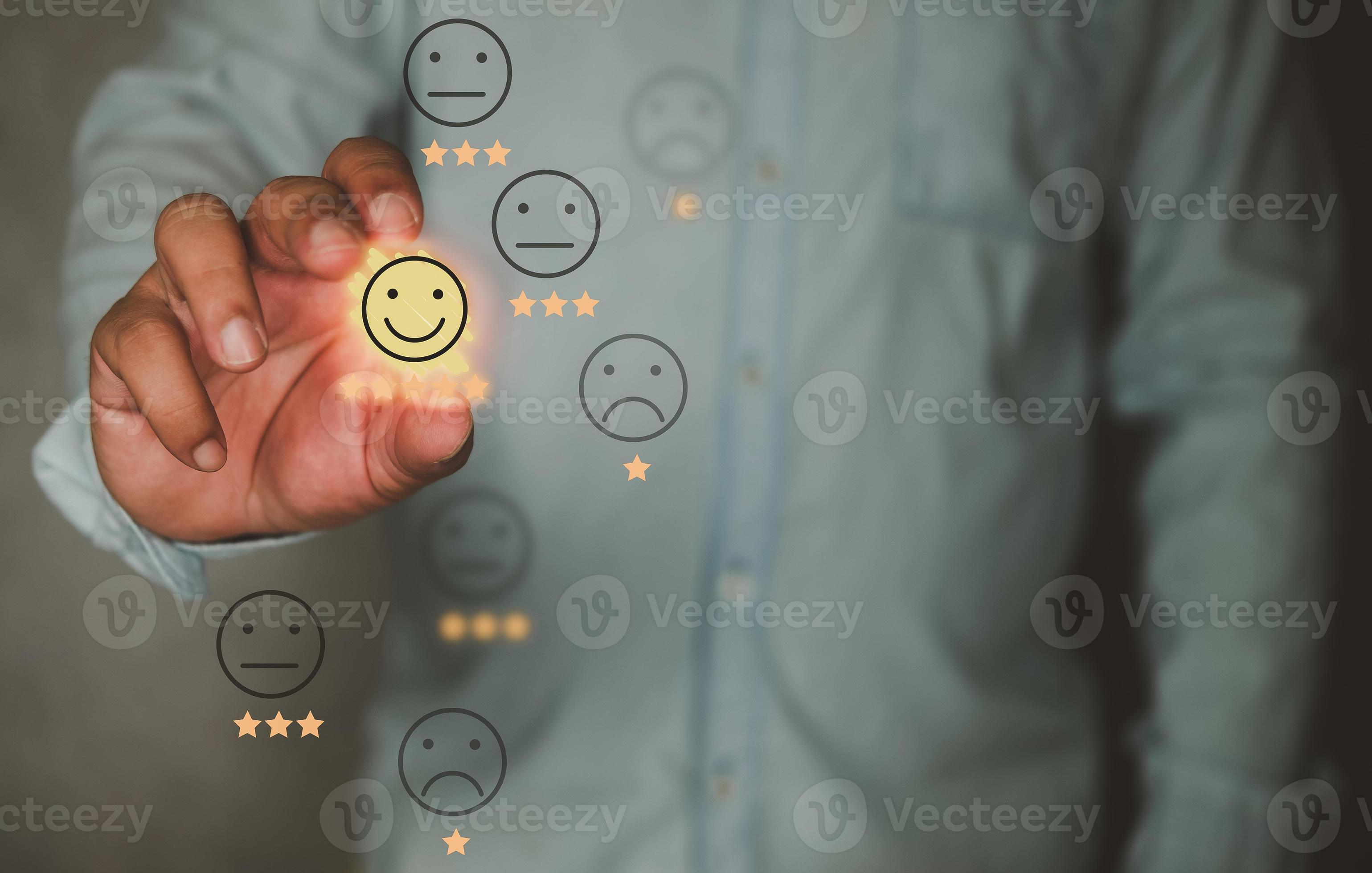 User give rating to service experience on virtual screen for customer review satisfaction ...