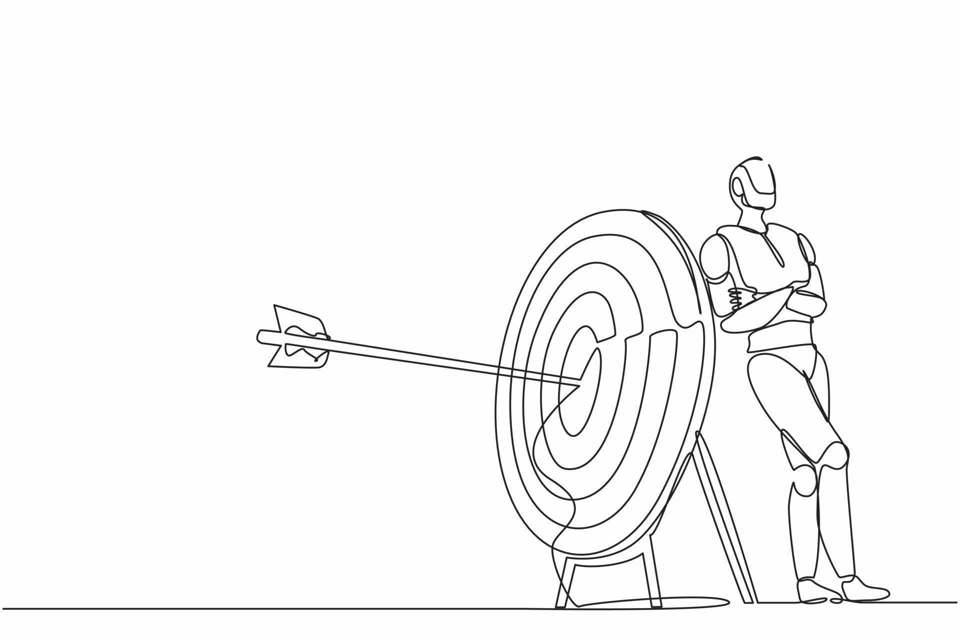 Single Continuous Line Drawing Robots Lean On Huge Target With Arrow On Target Modern Robotics