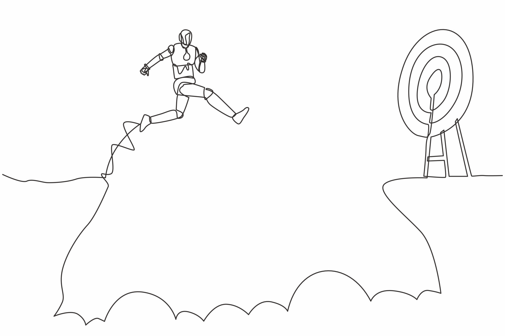 Single continuous line drawing robot jumping over cliff to reach target. Robotic artificial ...
