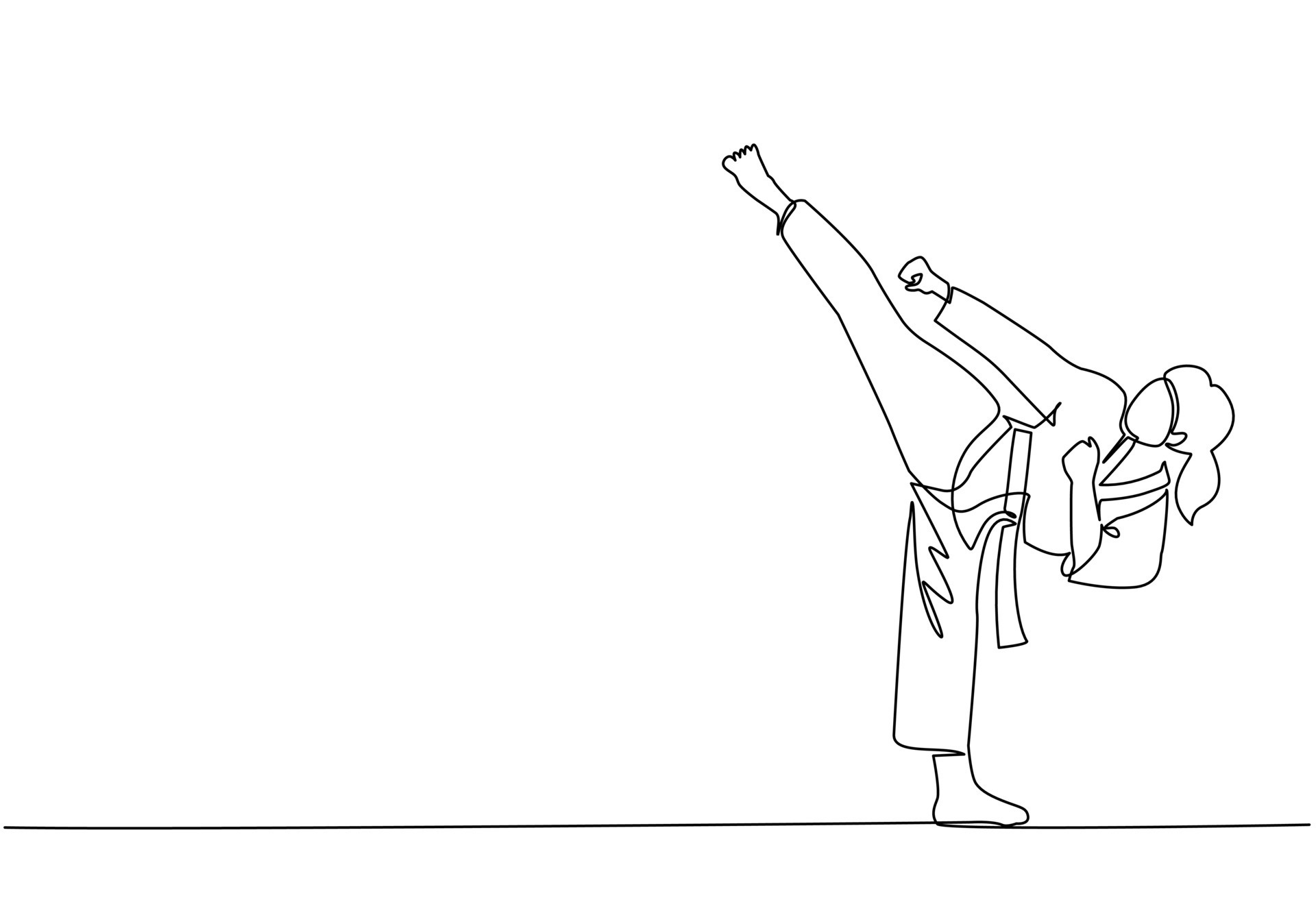Single continuous line drawing young cute taekwondo woman doing kick ... Single continuous line drawing young cute taekwondo woman doing kick ...