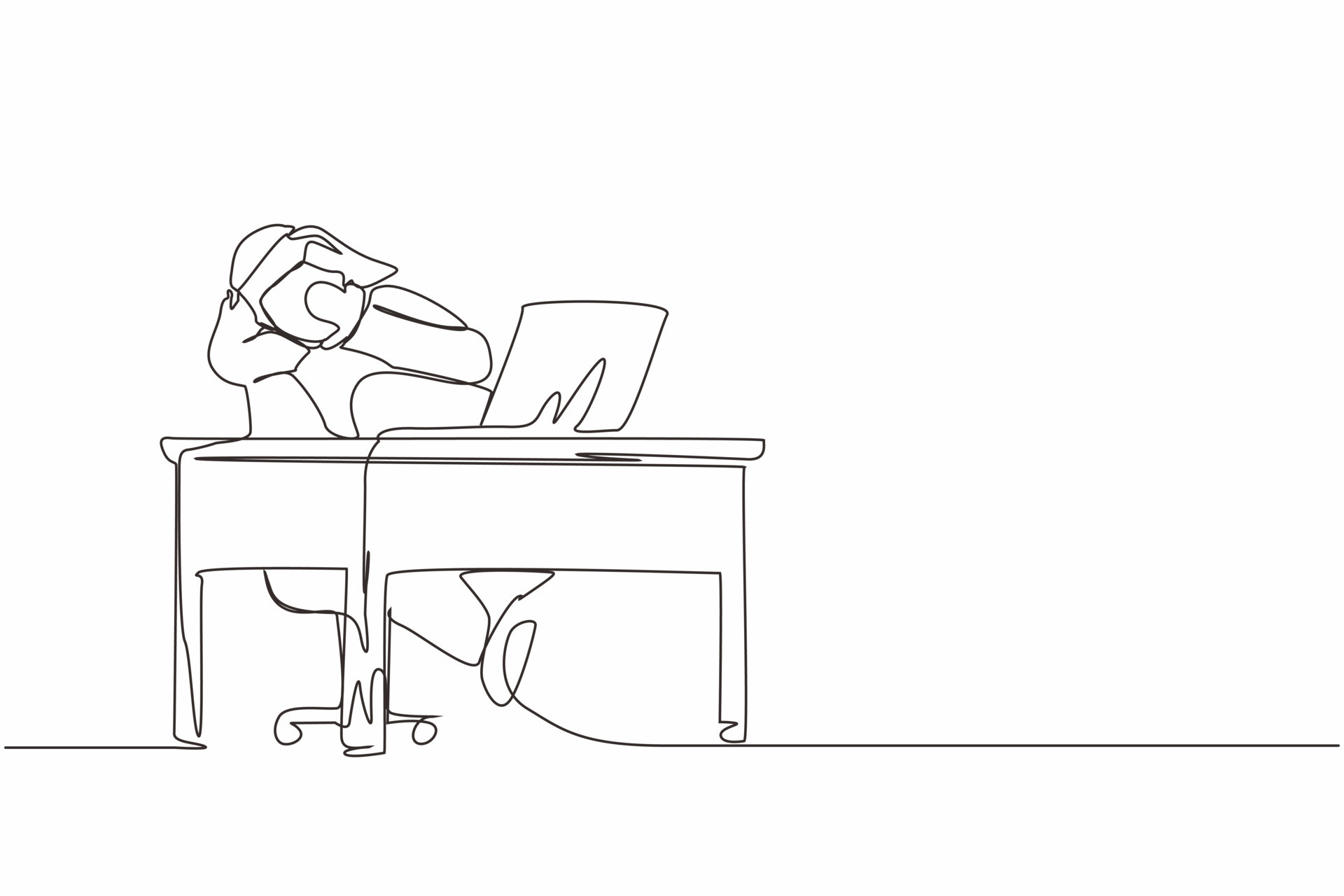 Continuous one line drawing scared Arab man manager looking at laptop ...