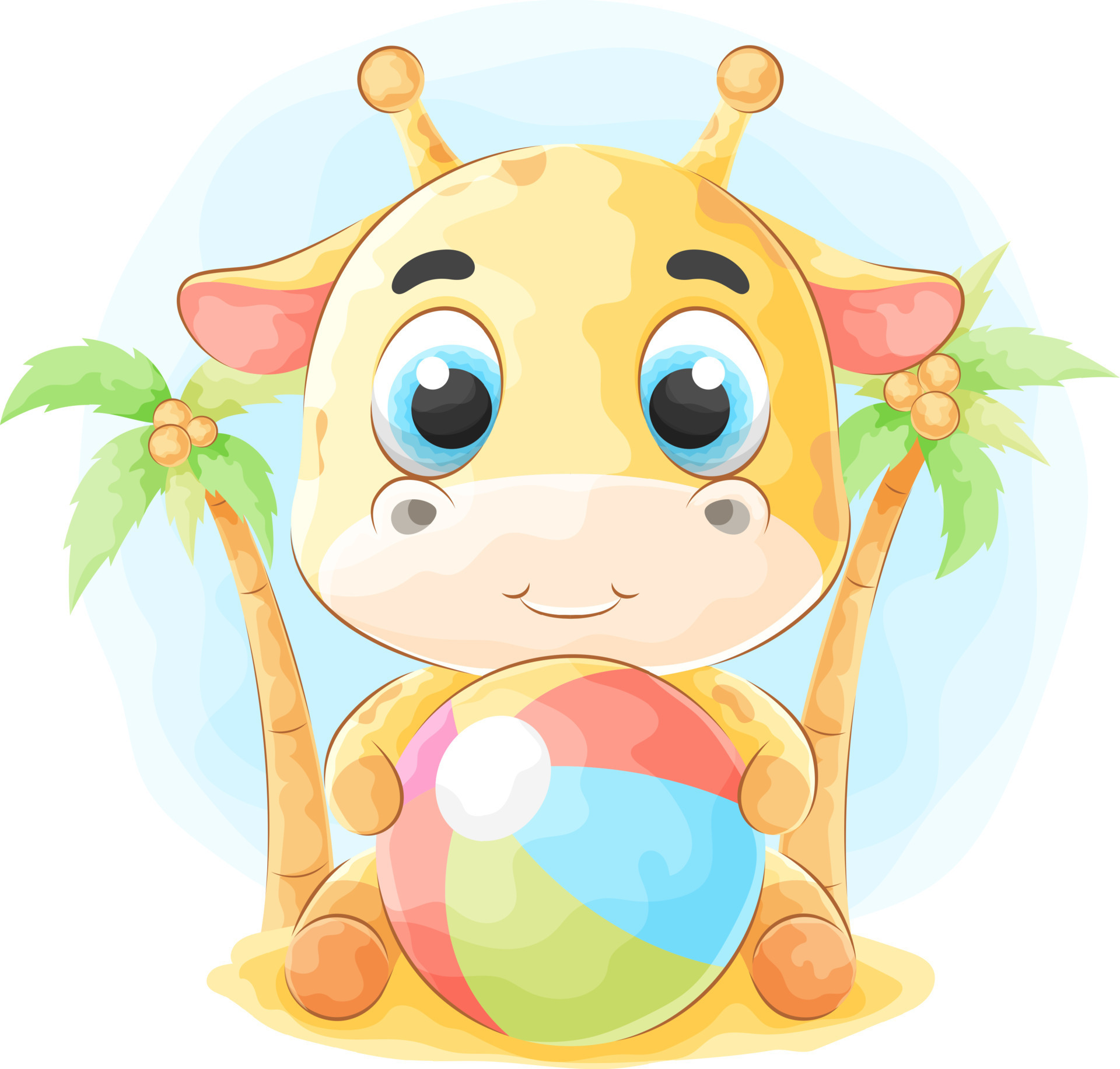 cute doodle giraffe playing ball on the beach with watercolor ...