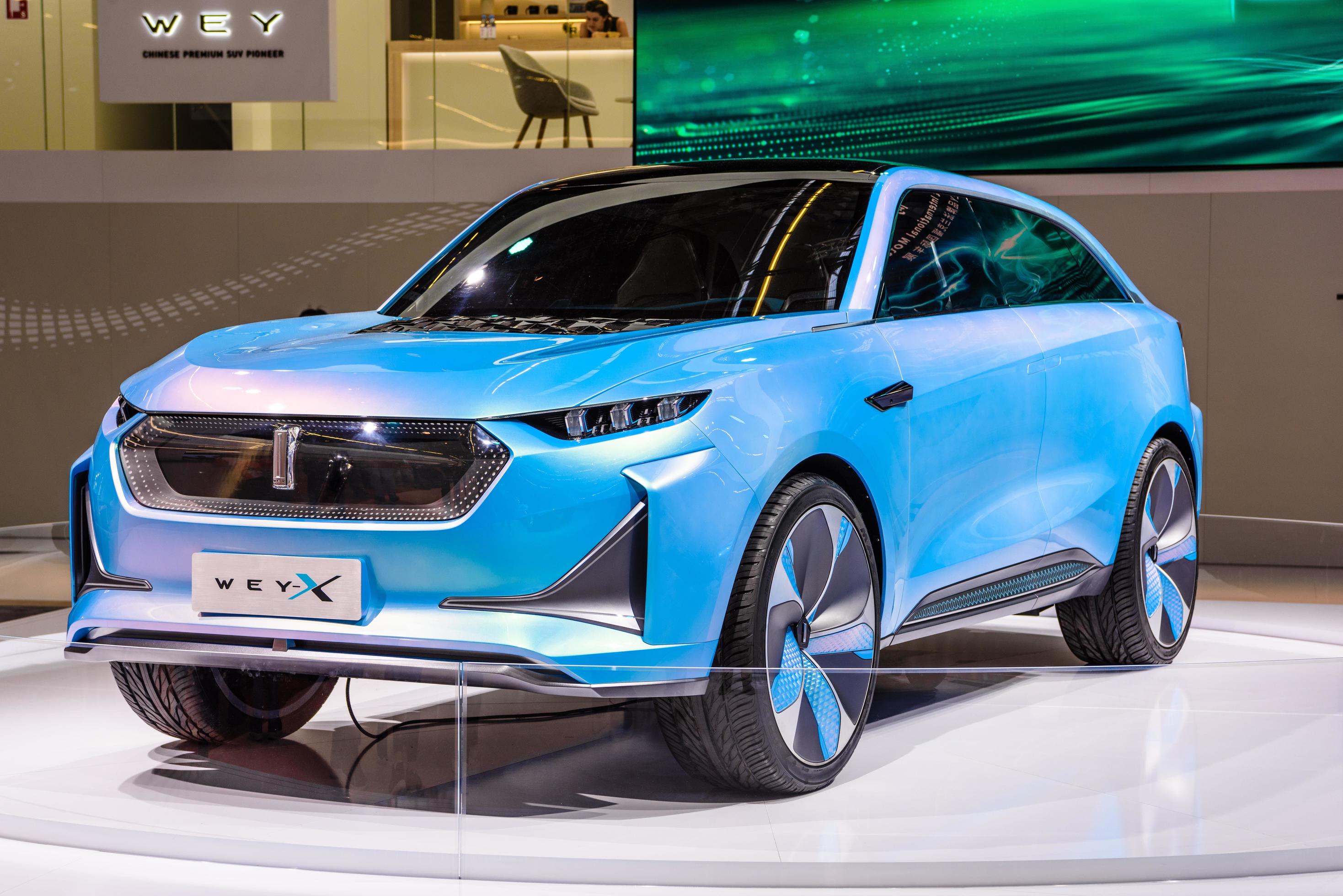 FRANKFURT, GERMANY - SEPT 2019 sky blue Great Wall Motors WEY-X Concept electric SUV Car, IAA ...