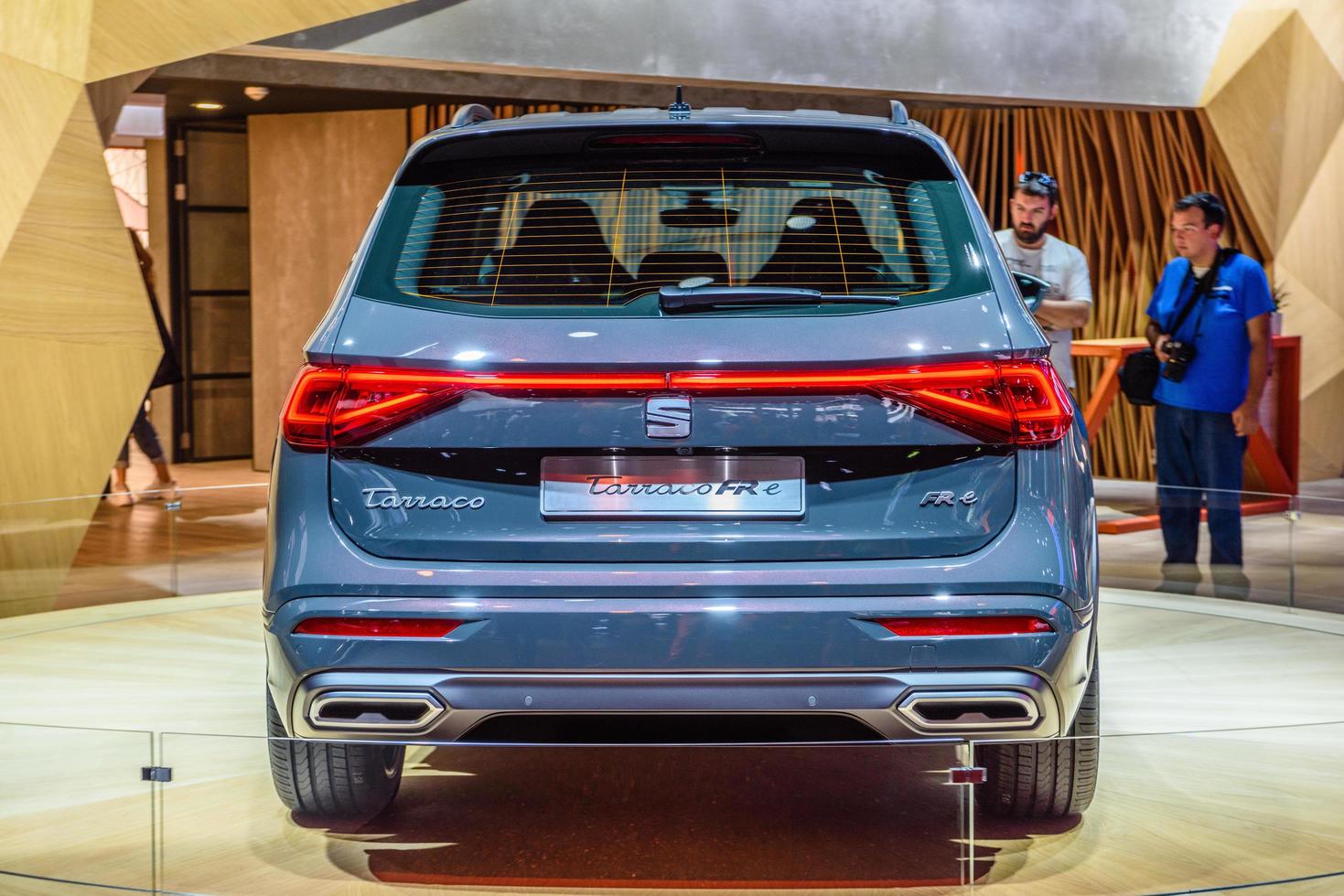 FRANKFURT, GERMANY - SEPT 2019 blue grau SEAT TARRACO is a mid-size crossover SUV J-segment. It ...