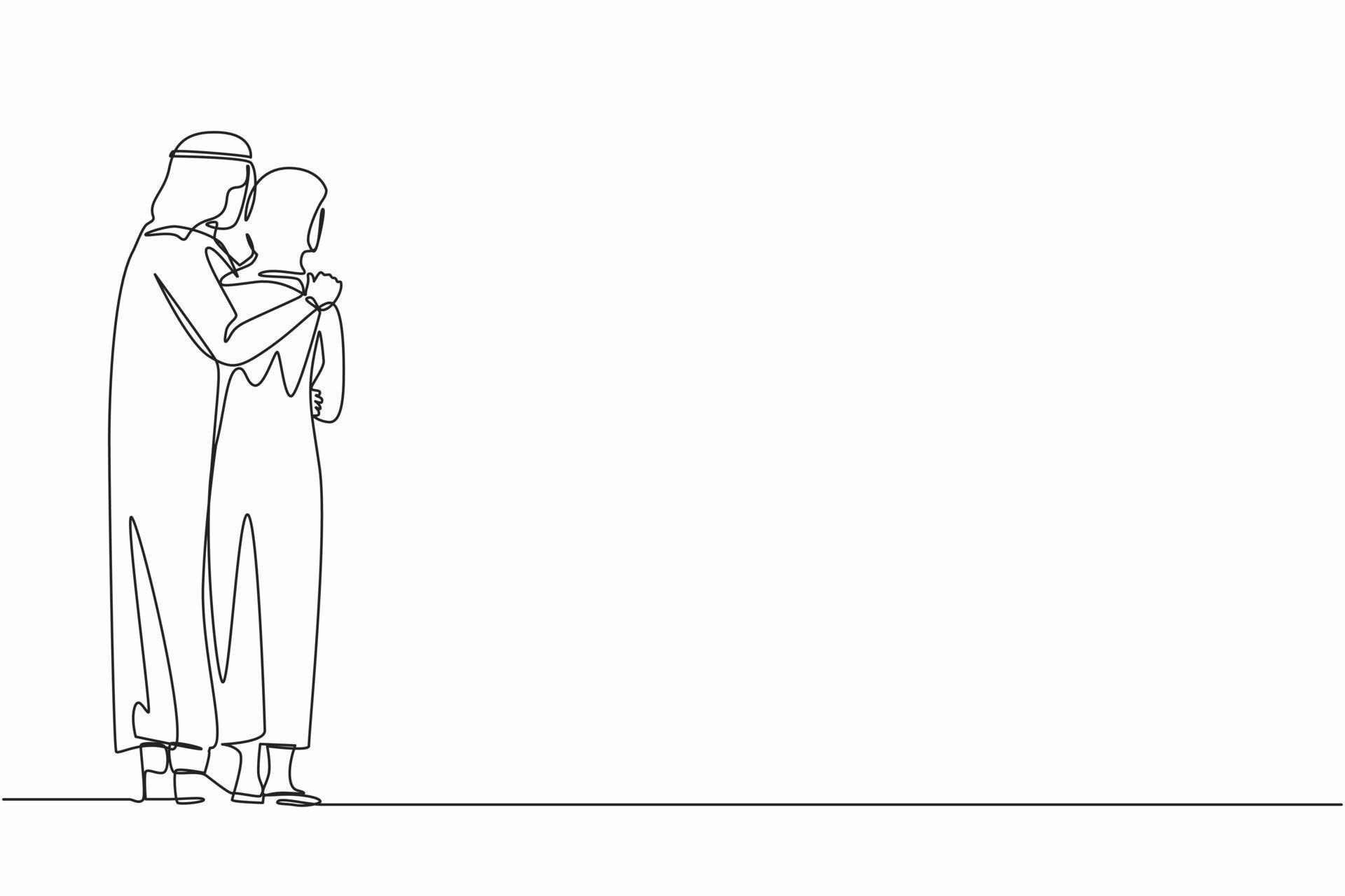 Single One Line Drawing Back View Happy Arab Man Woman Embracing And