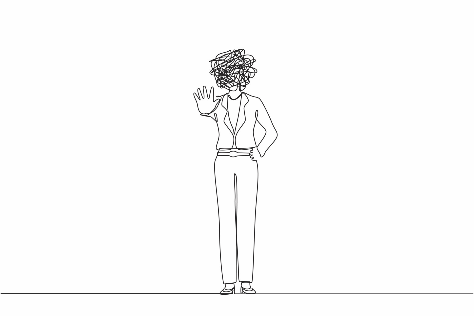 Single Continuous Line Drawing Businesswoman With Round Scribbles Instead Of Head Angry
