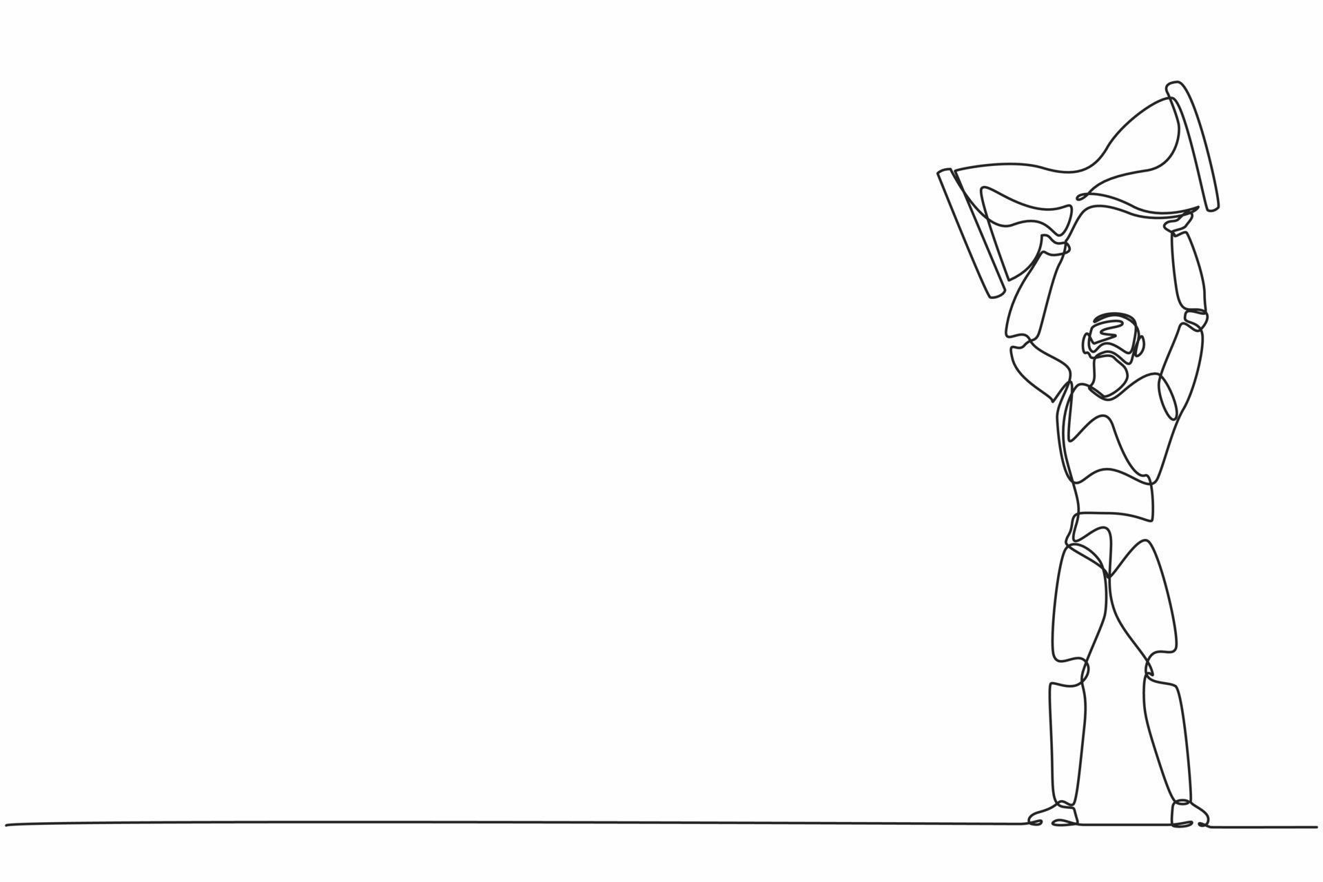 Single continuous line drawing robots lifting up giant hourglass. Modern robotics artificial ...