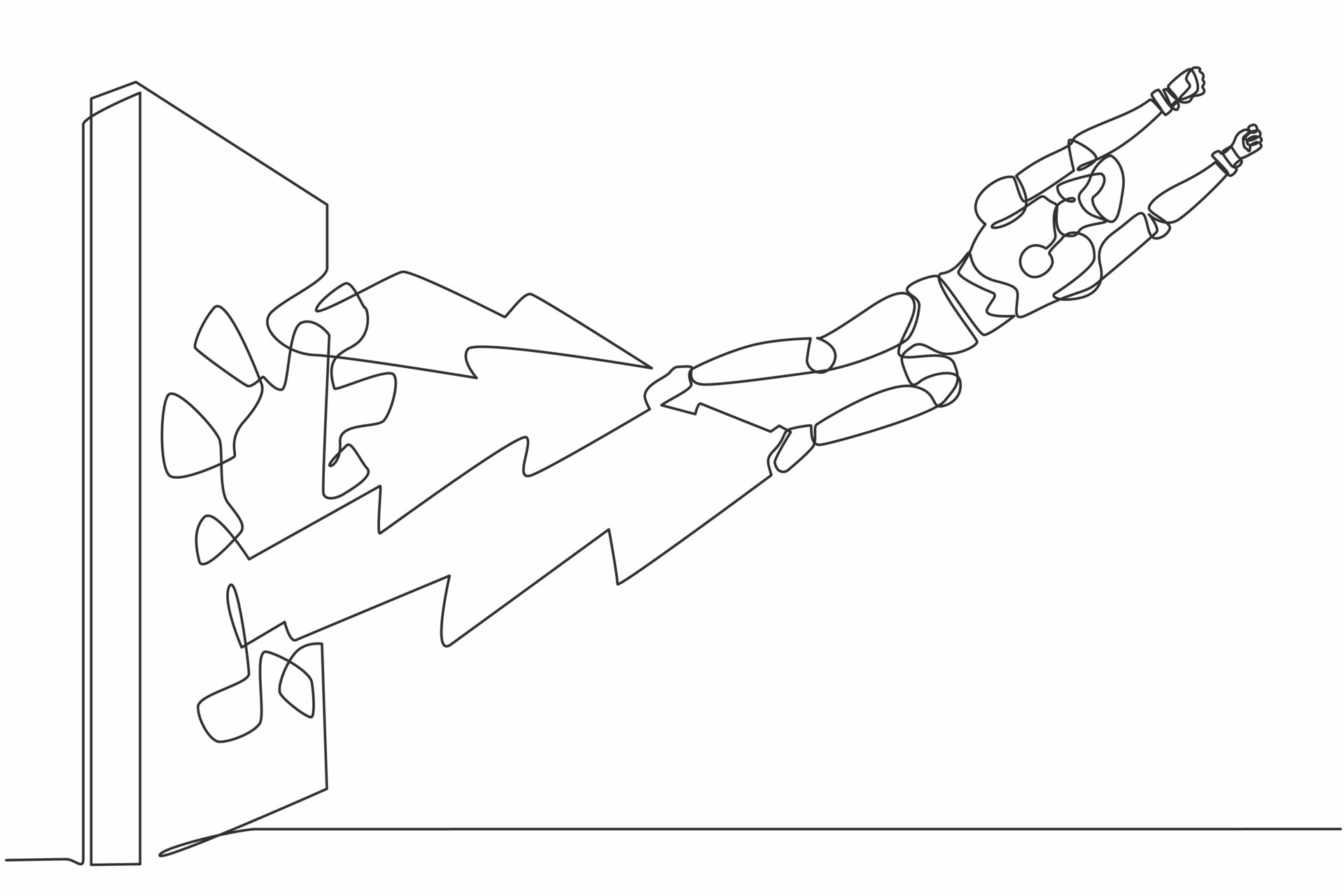 Continuous one line drawing robot punches and breaks the wall. Flying ...