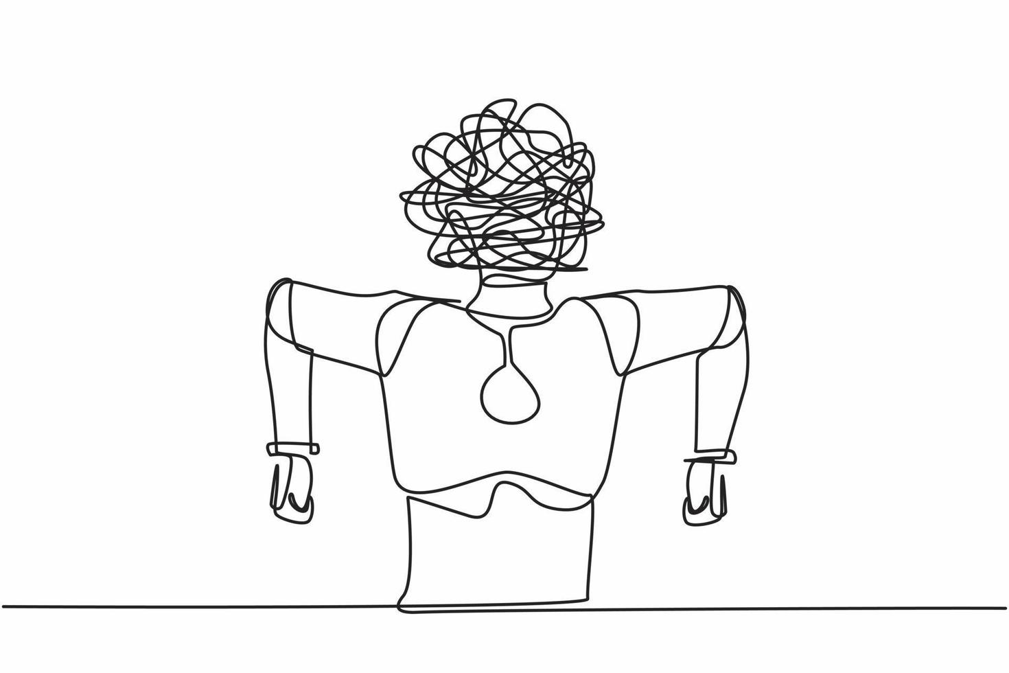 Single one line drawing robot with round scribble instead of head. Angry robot. Emotional in ...
