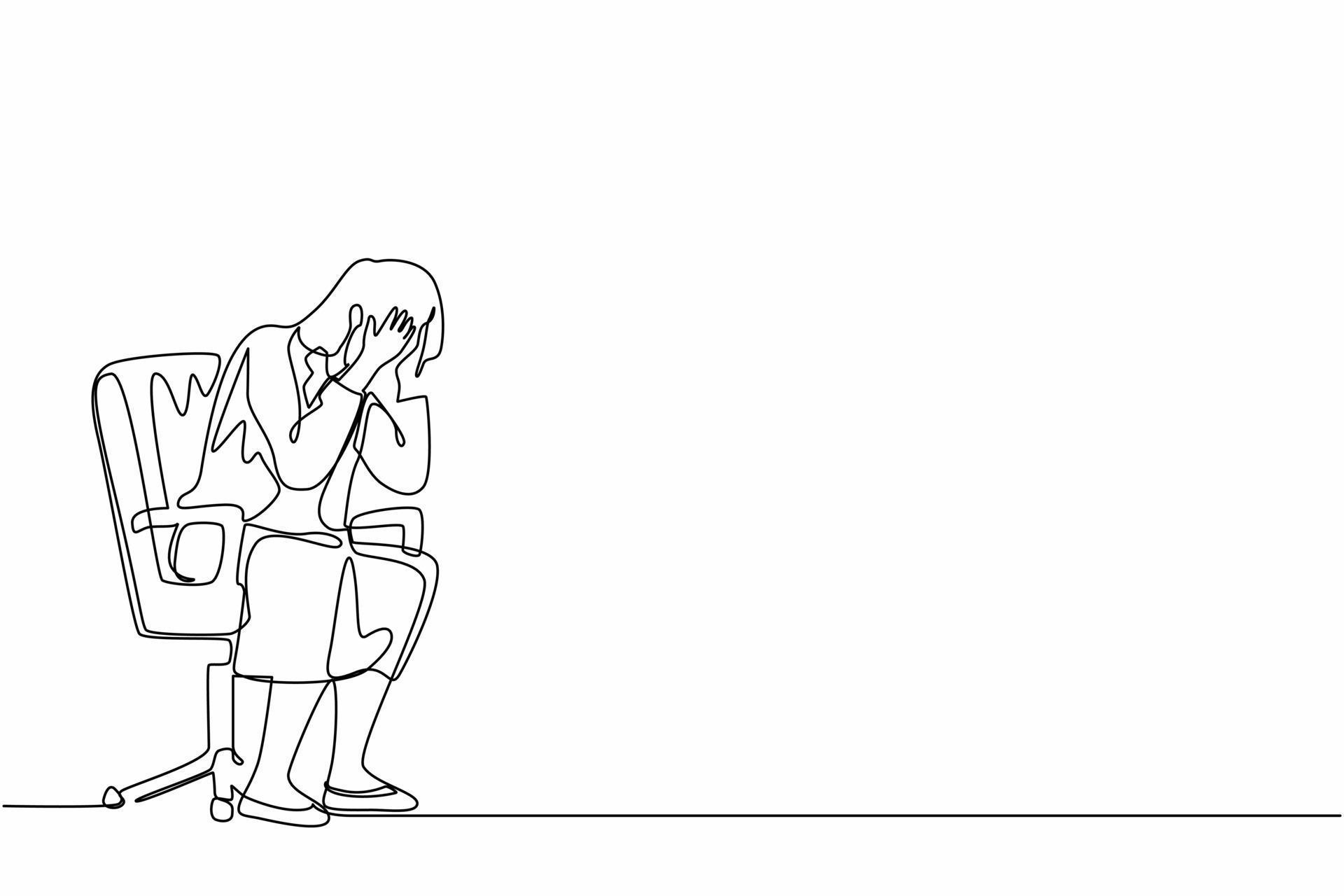 Single continuous line drawing frustrated businesswoman holding her ...