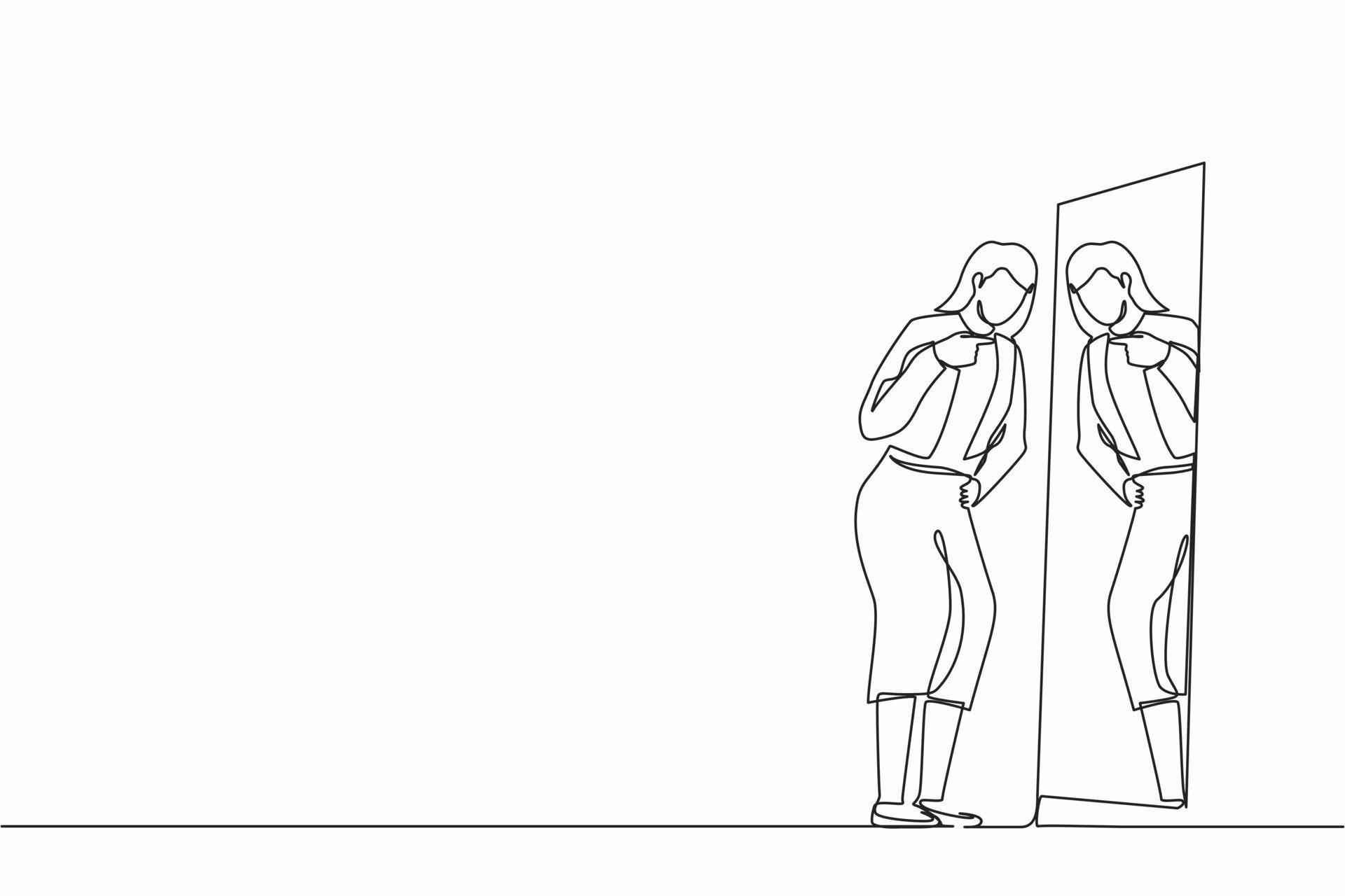 Continuous one line drawing angry businesswoman fight with mirror ... Continuous one line drawing angry businesswoman fight with mirror ...