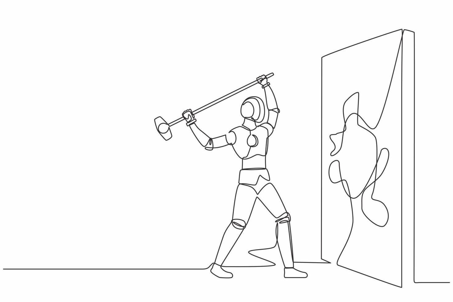 Single one line drawing robot breaks and hitting wall with hammer. Achievement way for success ...