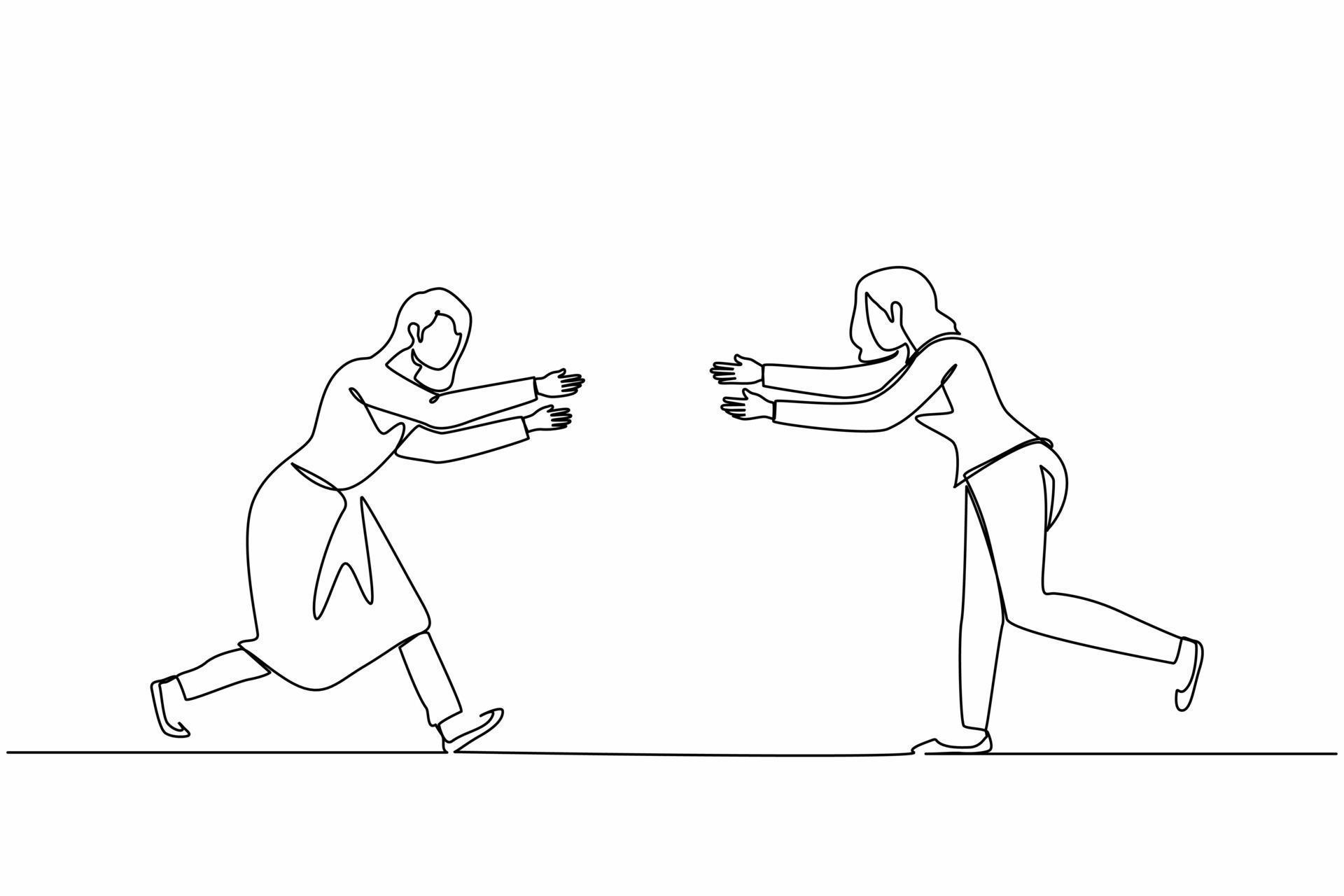 Single one line drawing happy girls meeting after long time, run ... Single one line drawing happy girls meeting after long time, run ...
