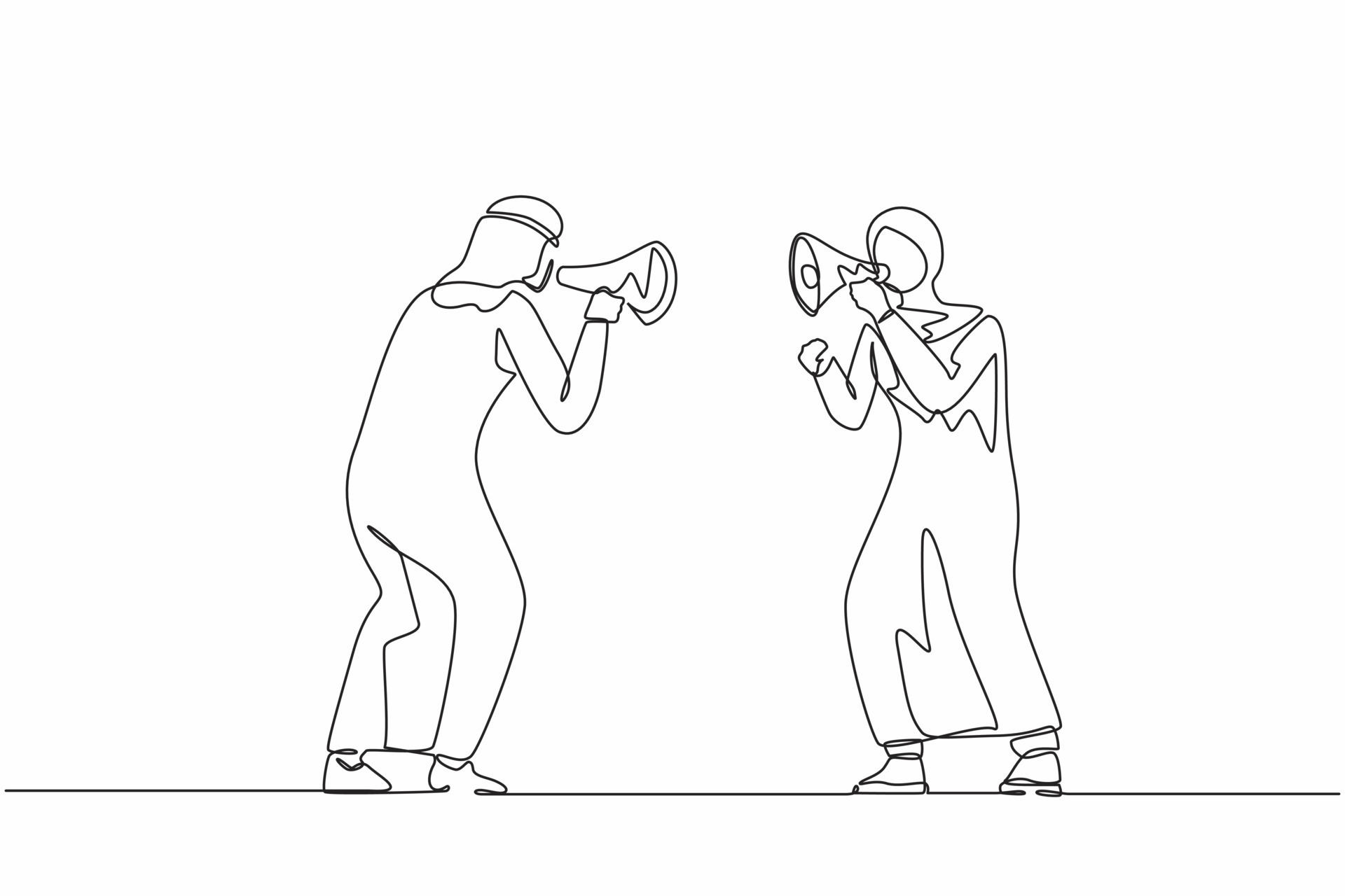 Continuous One Line Drawing Arab Man And Woman Hold Loudspeakers Scream